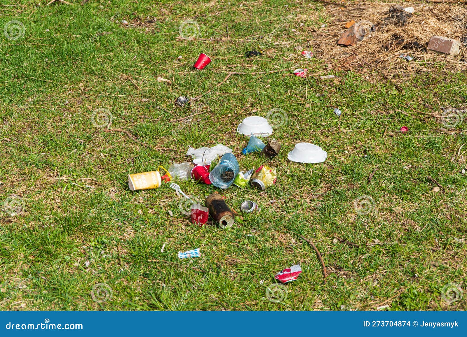 Plastic Garbage Scattered on Grass. Trash Left after Picnic Stock Photo ...