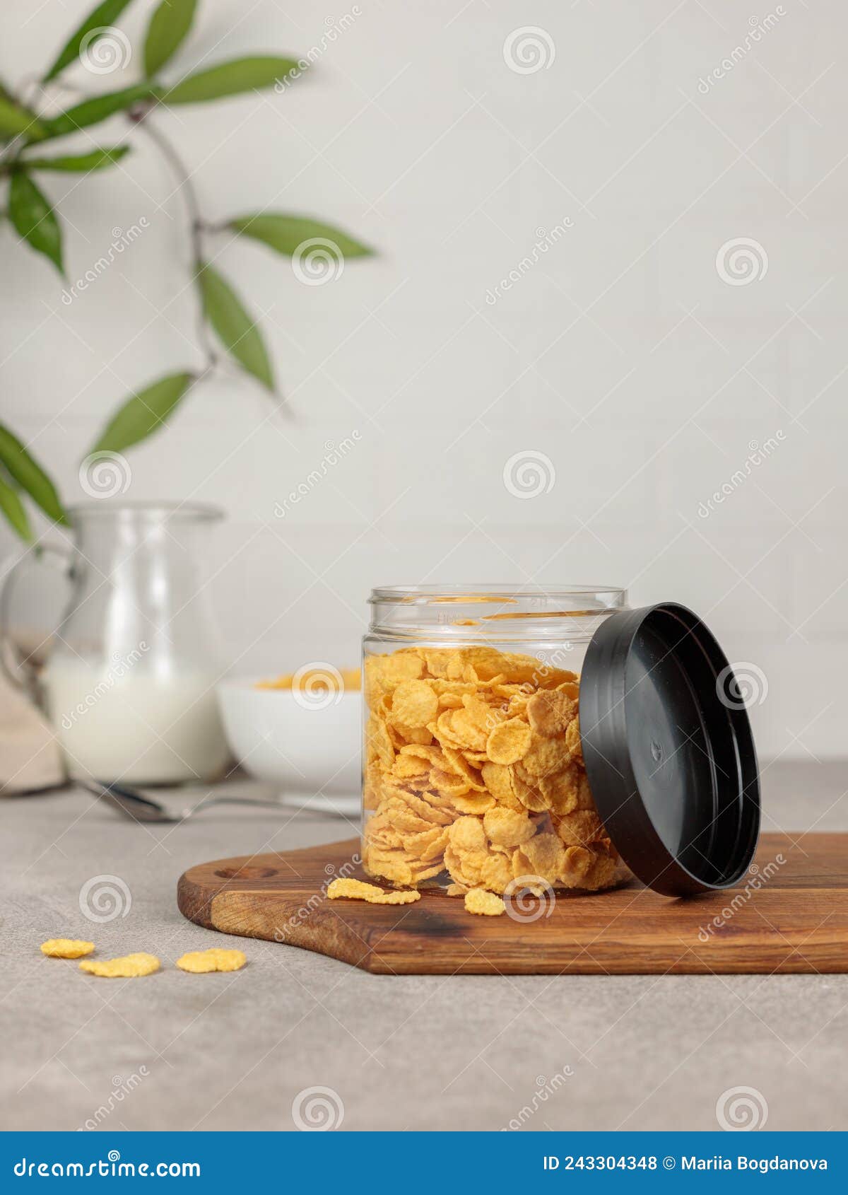 Plastic or Glass Container with Cornflakes for Breakfast. Vertical ...