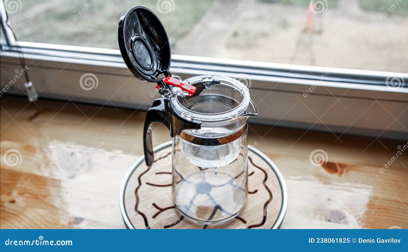 Plastic-glass Teapot with Button and Tea Brewing Flask with Open Lid ...