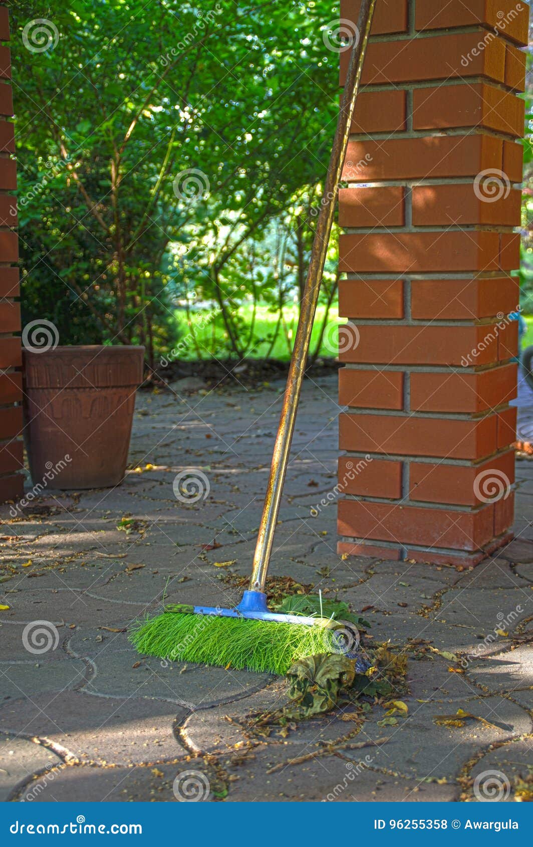 Plastic green broom stock photo. Image of cobblestone - 96255358
