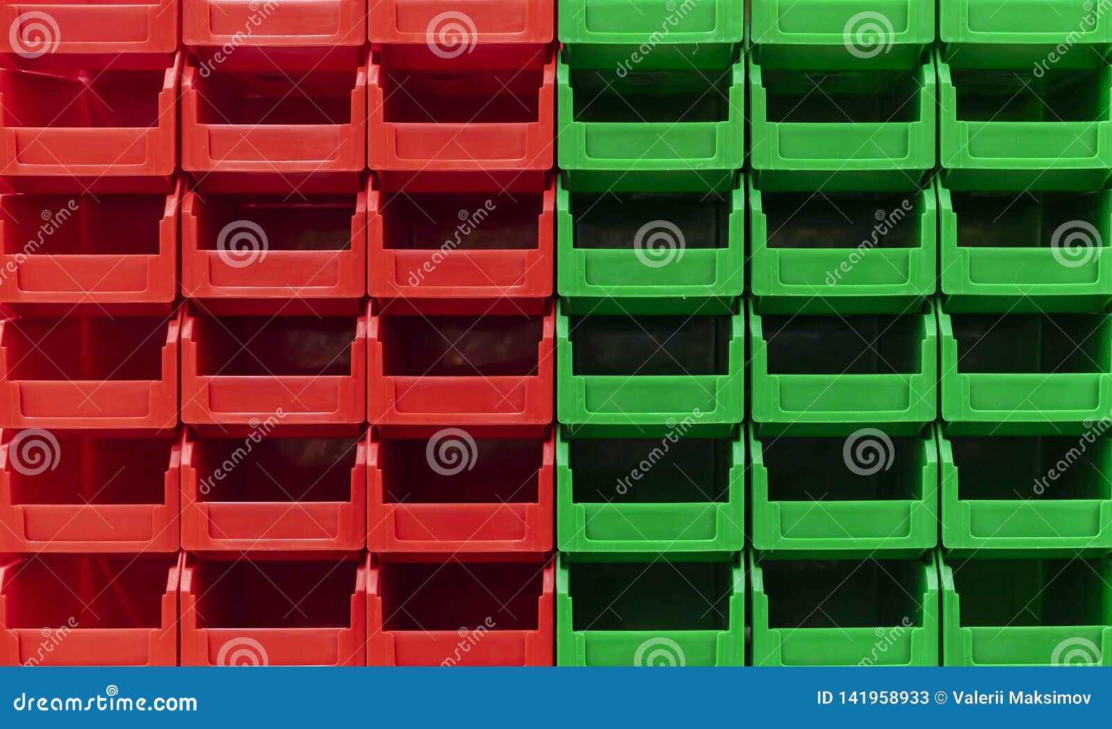Plastic Green and Red Containers are Stacked in Several Rows Stock ...