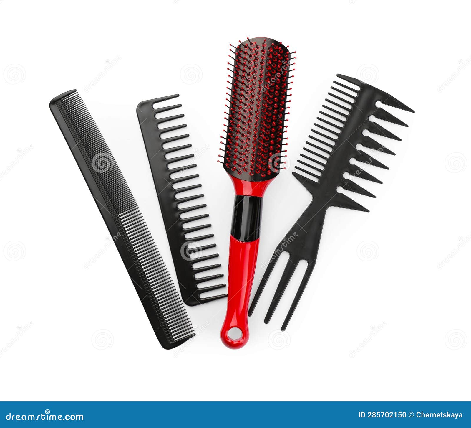 Plastic Hair Brush and Combs Isolated on White, Top View Stock Photo ...