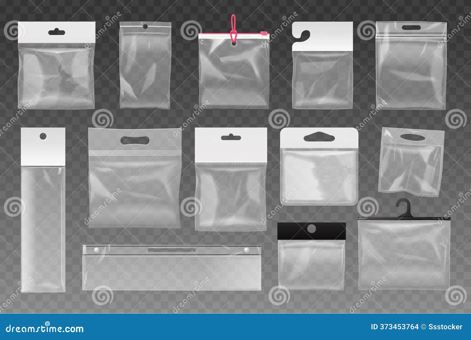 Empty Clear Plastic Pouch Bag With White Blank Paper Top On Staples Set ...