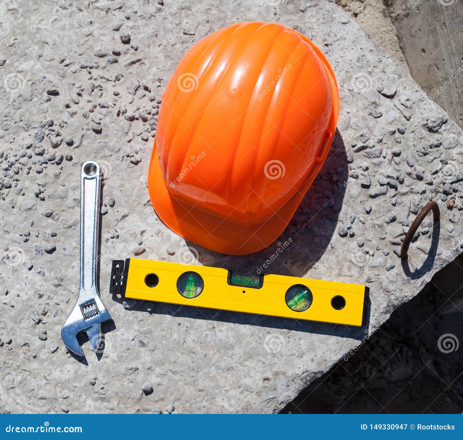 Plastic Hardhat, Spirit Level and Adjustable Spanner Stock Image ...
