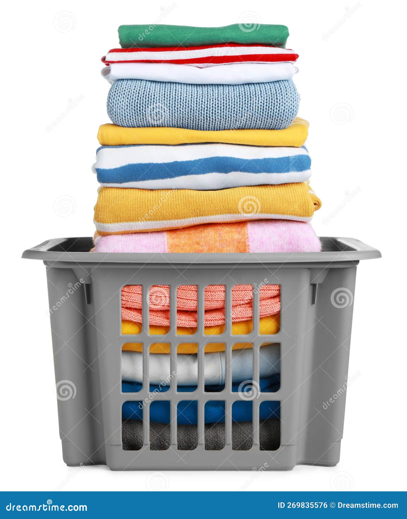 Plastic Laundry Basket with Clean Clothes Isolated on White Stock Photo ...