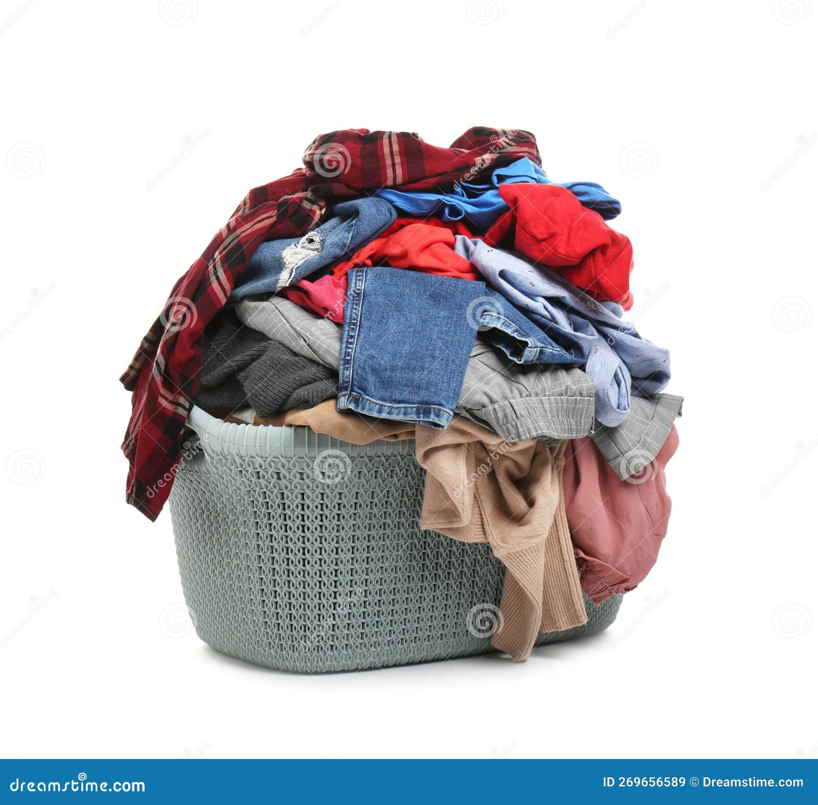 Plastic Laundry Basket Full of Clothes Isolated on White Stock Image ...