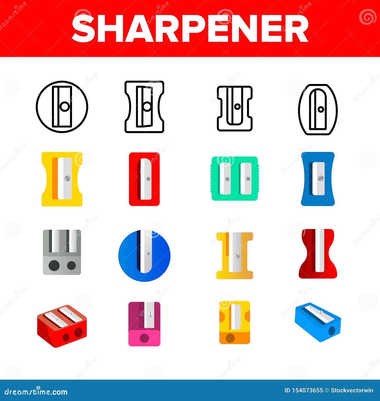 Plastic Pencil Sharpener Vector Linear Icons Set Stock Vector - Illustration of plastic, flat ...