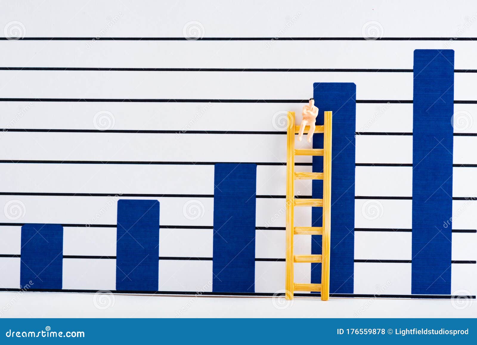Plastic People Figure on Ladder on White Surface with Blue Analytics ...