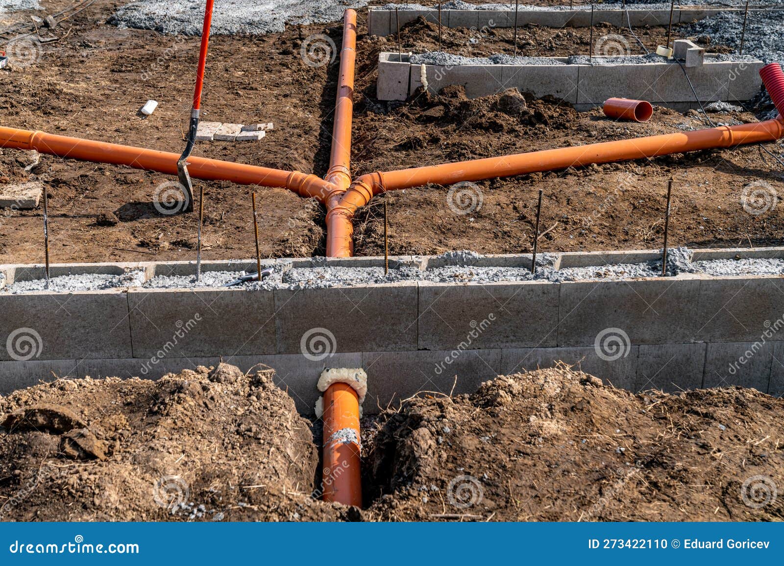 Plastic Pipe for Sewage Network in the Base Plate at the Construction ...