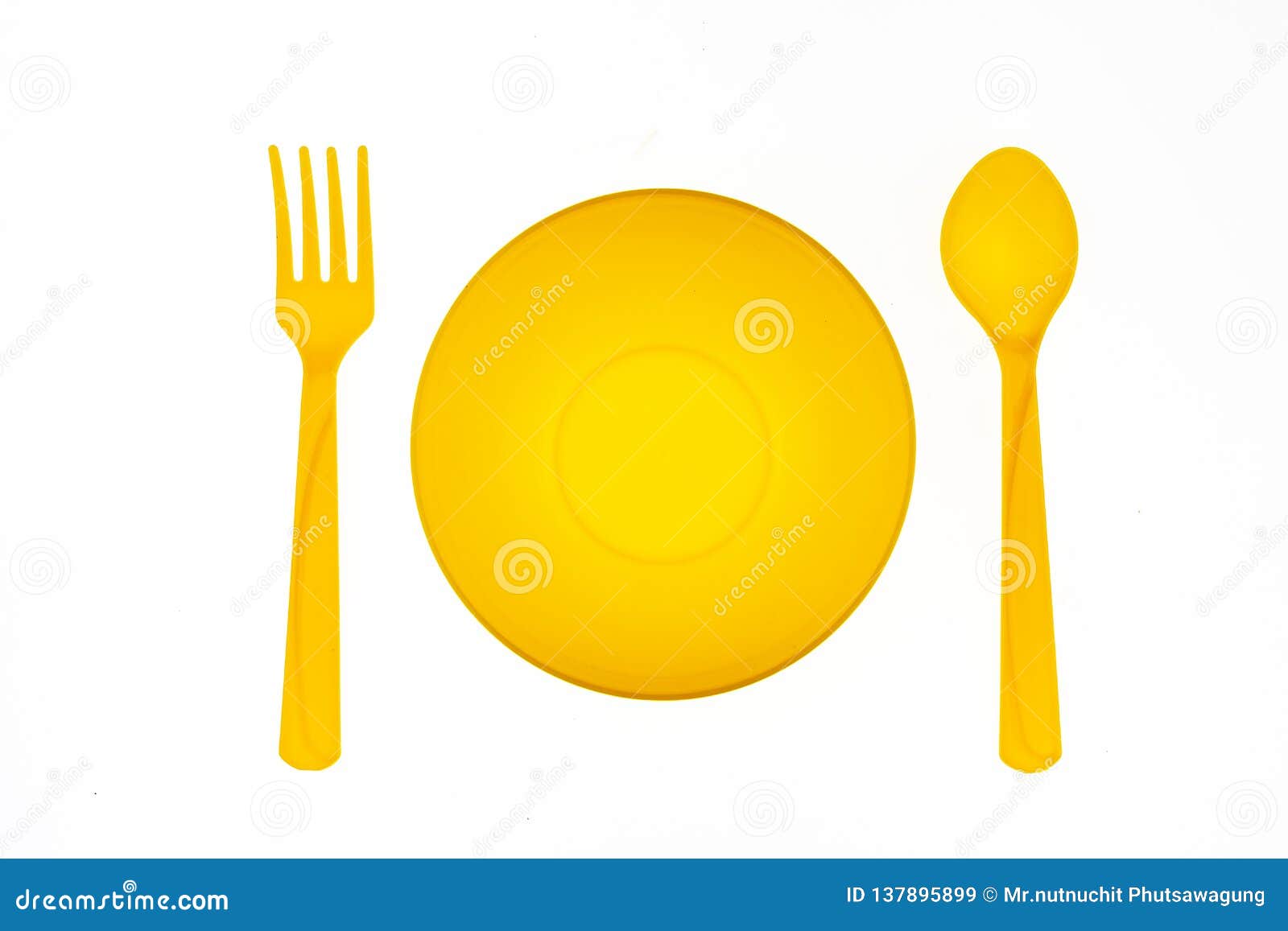 Plastic Plate Yellow, Spoon, Fork, Clipping Path, Isolated on White ...