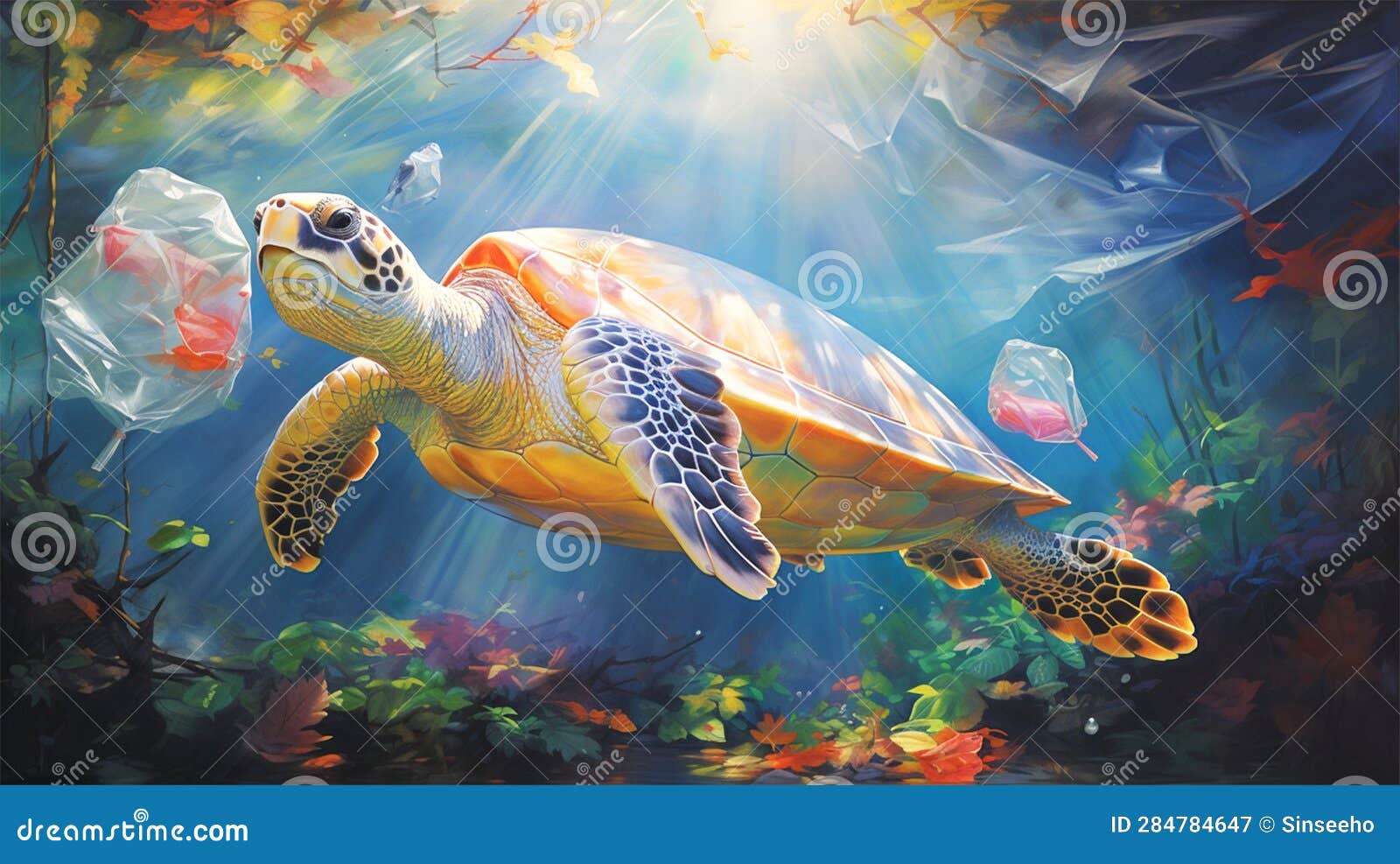 Plastic Polluion in Ocean, Turtle Going To Swallow Plastic Bag Stock ...