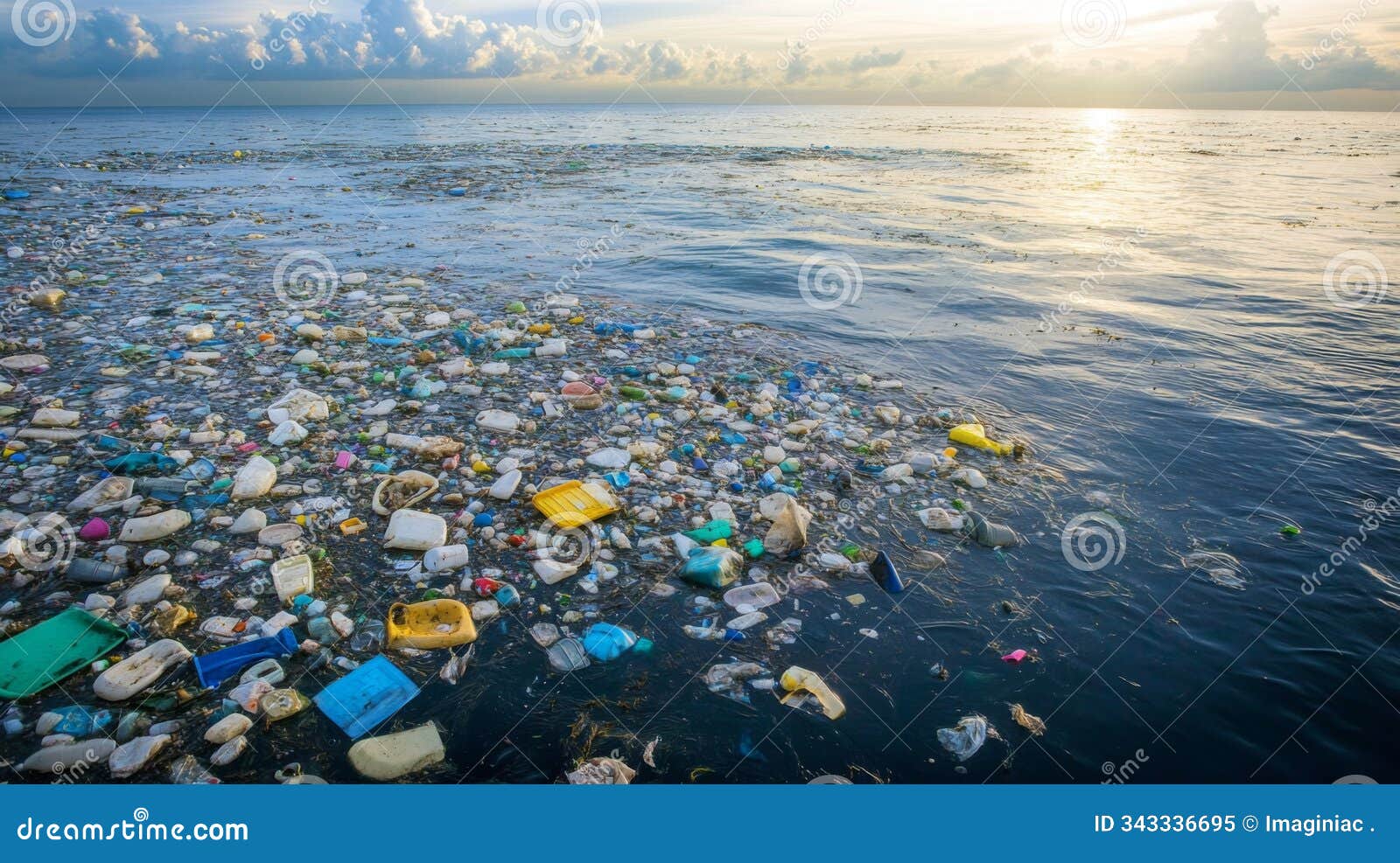 Plastic Pollution Accumulating in Ocean Water during Sunset Stock ...