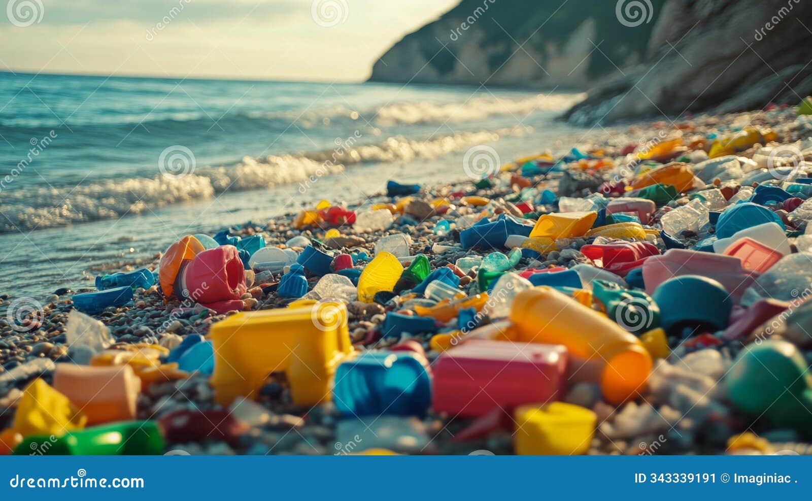 Plastic Pollution on a Beach Shore with Waves in the Background Stock ...