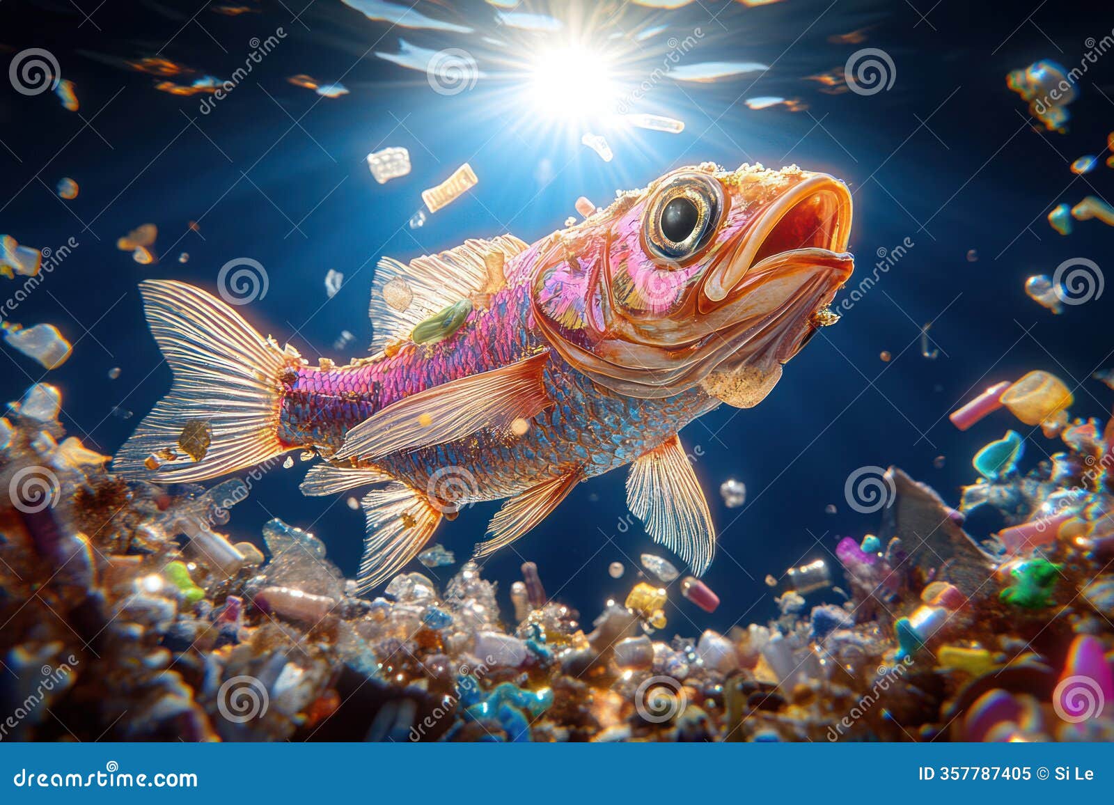 Plastic Pollution: Close-Up of Fish Amid Microplastics in Artwork Stock ...