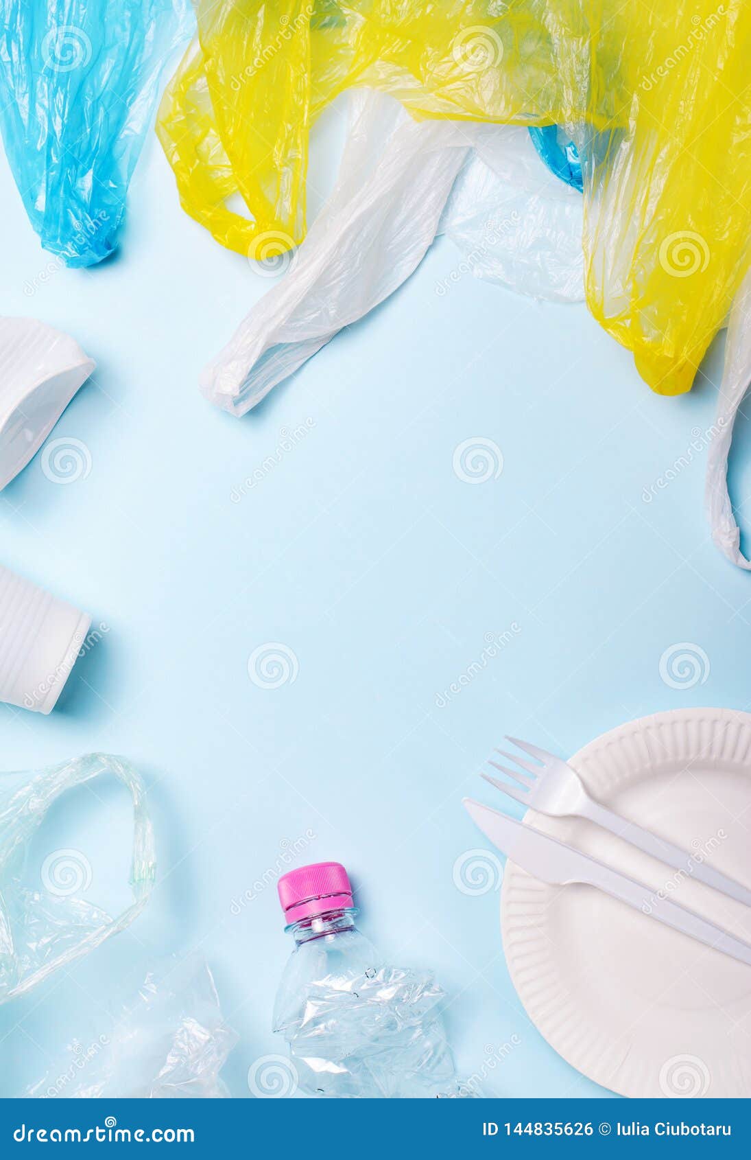 Plastic Pollution Concept, Plastic Litter Over Light Blue Background ...