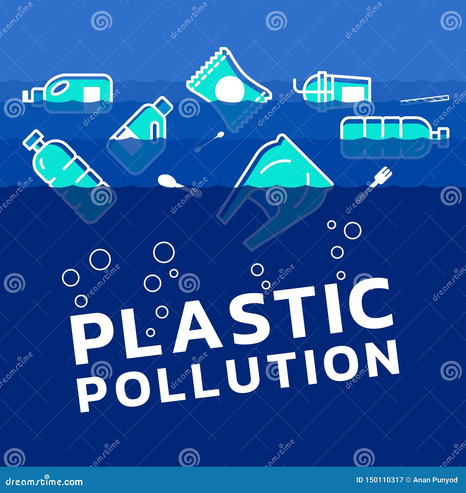 Plastic Pollution Concept with Plastics Icon in Water Ocean Vector ...
