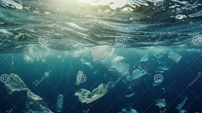 Plastic Pollution of the Ocean. Plastic Bags and Garbage Floating in Shallow Water and Cover the ...