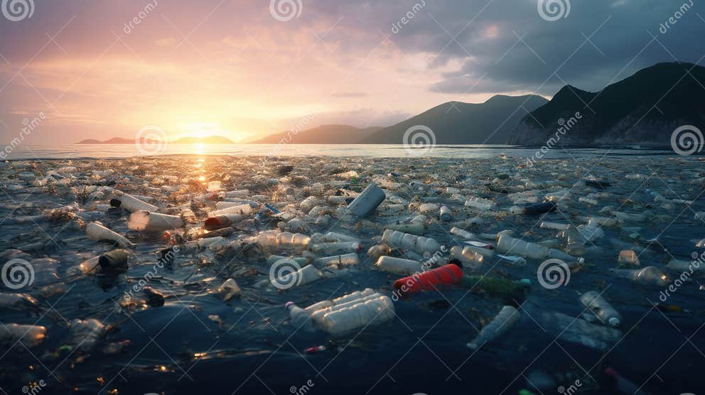 Plastic Pollution of the Ocean. Plastic Garbage Floating in Water Stock ...