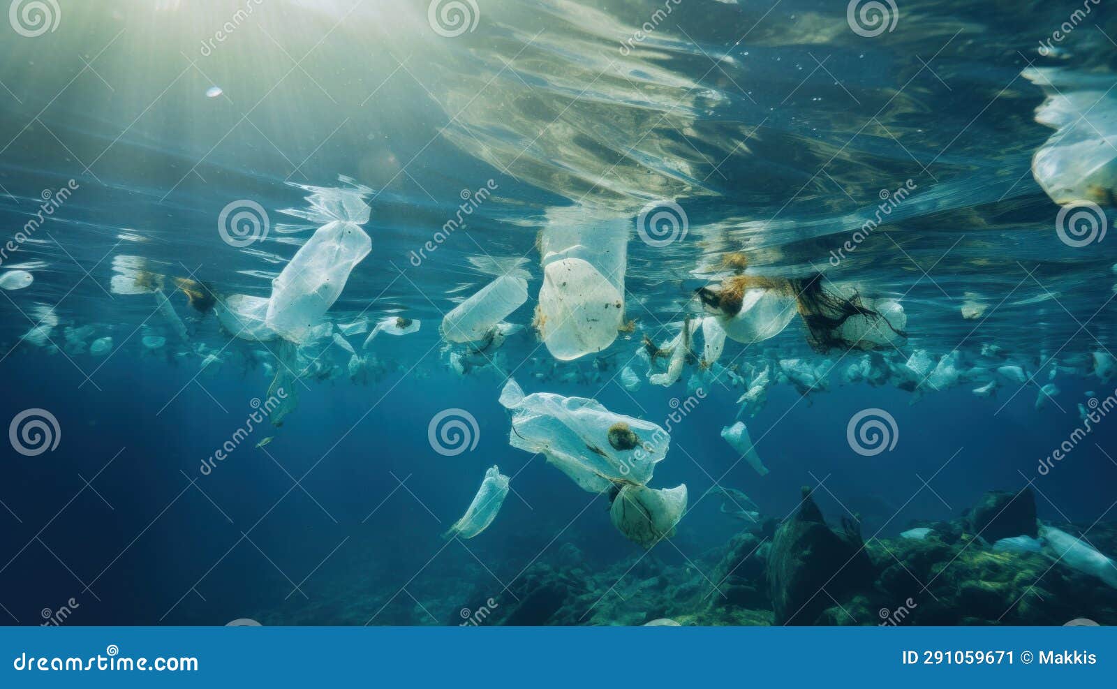 Plastic Pollution Of The Ocean. Plastic Garbage Floating In Water Under ...