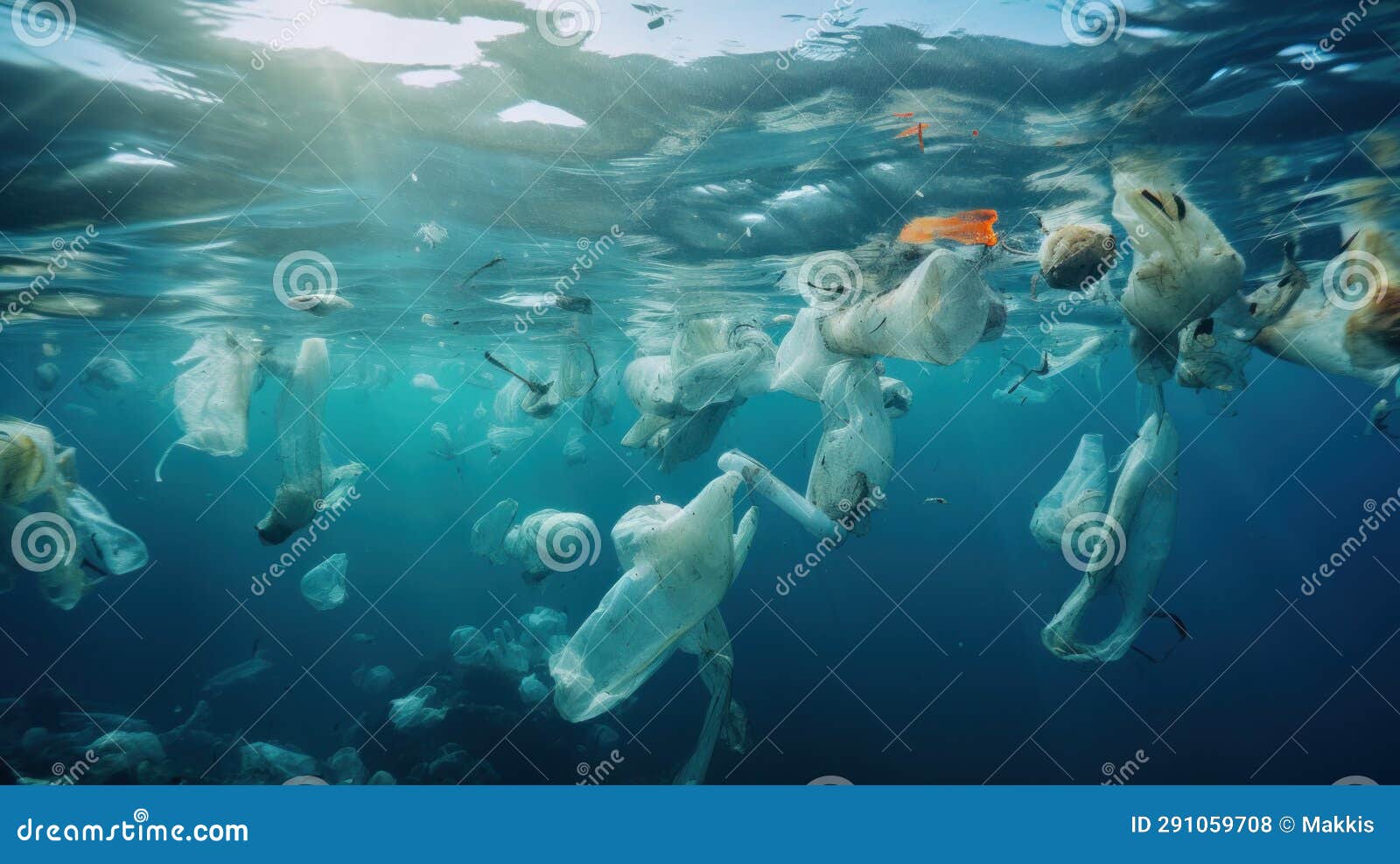 Plastic Pollution Of The Ocean. Plastic Garbage Floating In Water Under ...