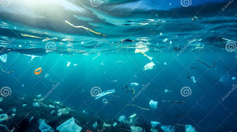 Plastic Pollution in Ocean. Problem Plastic Bottles and Microplastics Floating in the Open Ocean ...