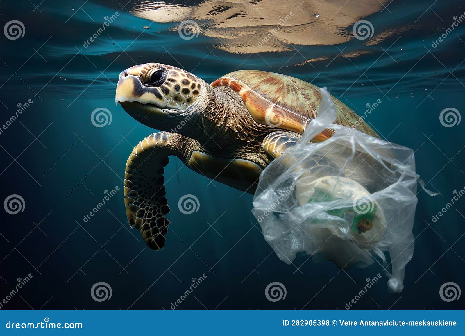 Plastic Pollution in Ocean Problem. Sea Turtle with Plastic Bag Stock ...