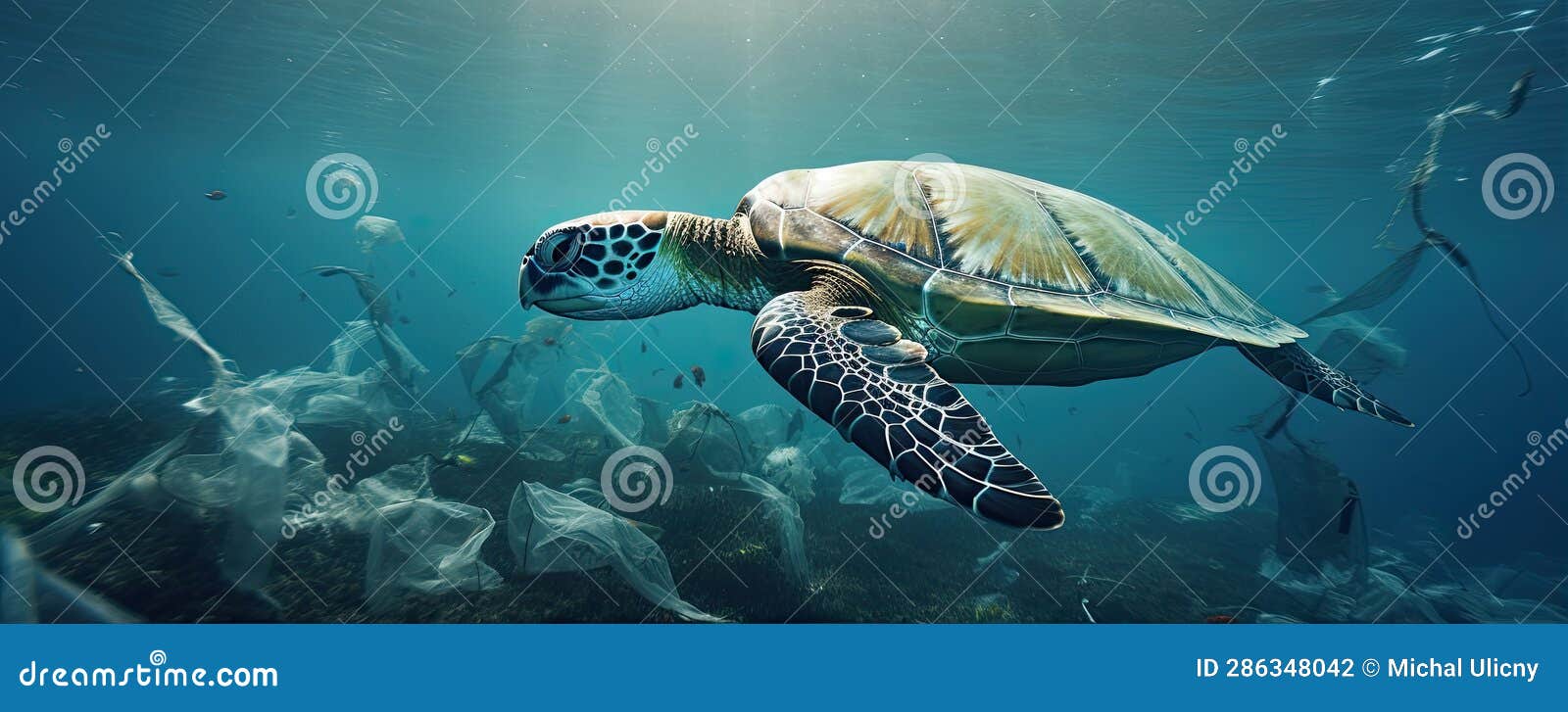 Plastic Pollution in Ocean with Turles. Turtle Eat a Plastic Waste ...