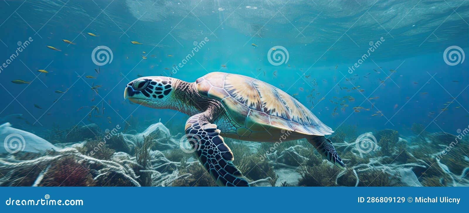 Plastic Pollution in Ocean with Turles. Turtle Eat a Plastic Waste ...