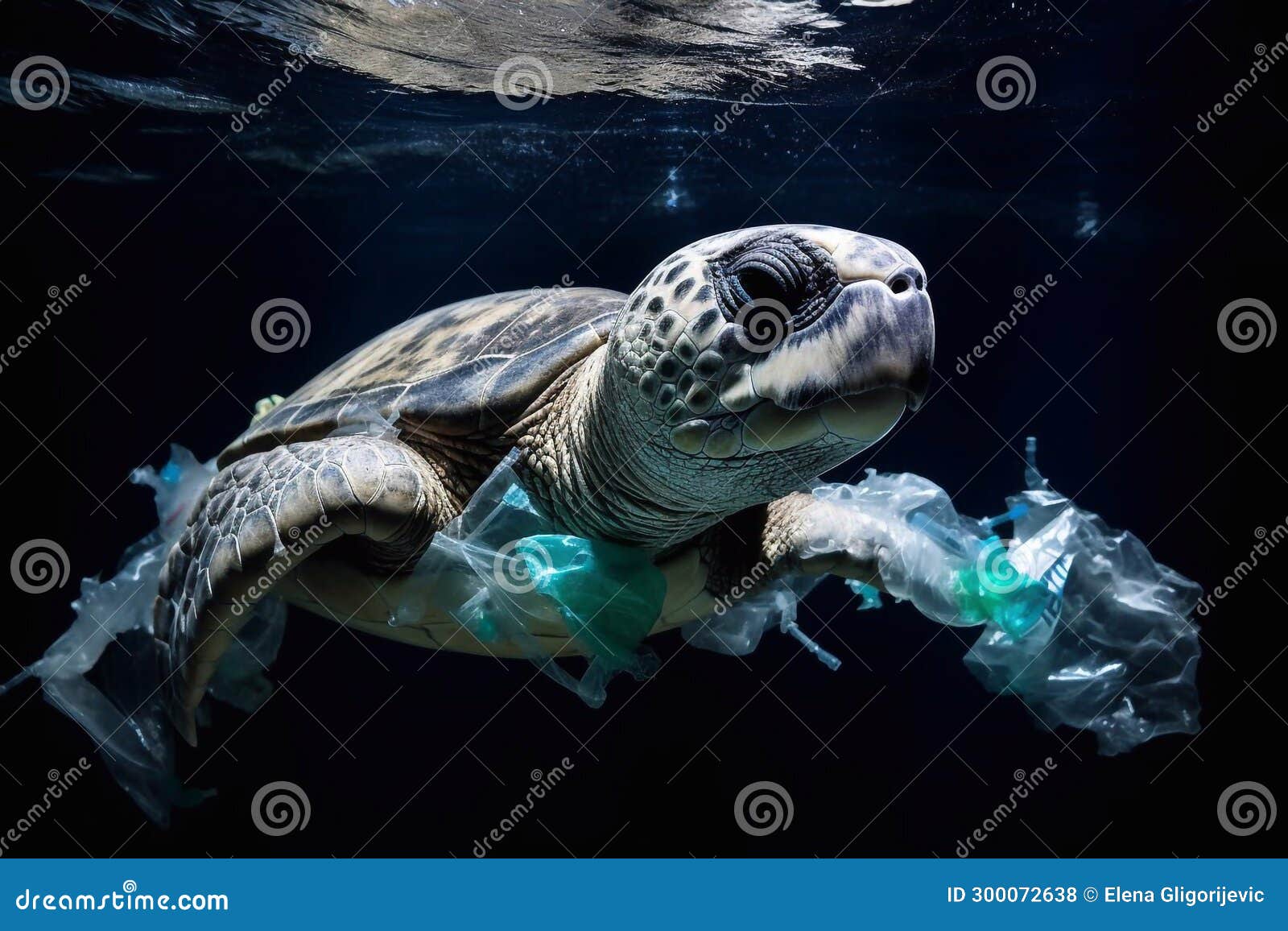 Plastic Pollution in Ocean. Turtle with Plastic Bags and Bottles ...