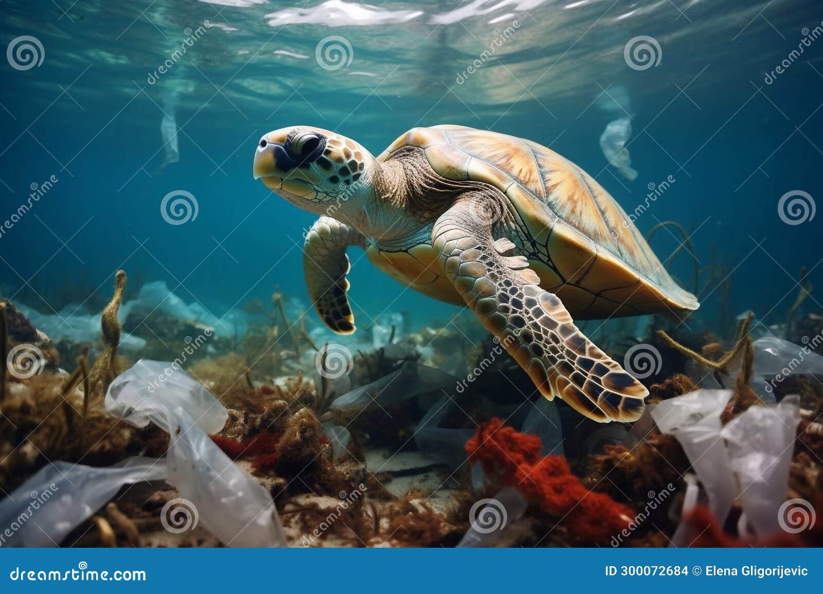 Plastic Pollution in Ocean. Turtle with Plastic Bags and Bottles ...