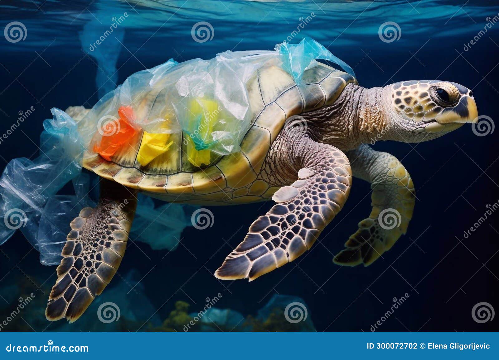 Plastic Pollution in Ocean. Turtle with Plastic Bags and Bottles ...