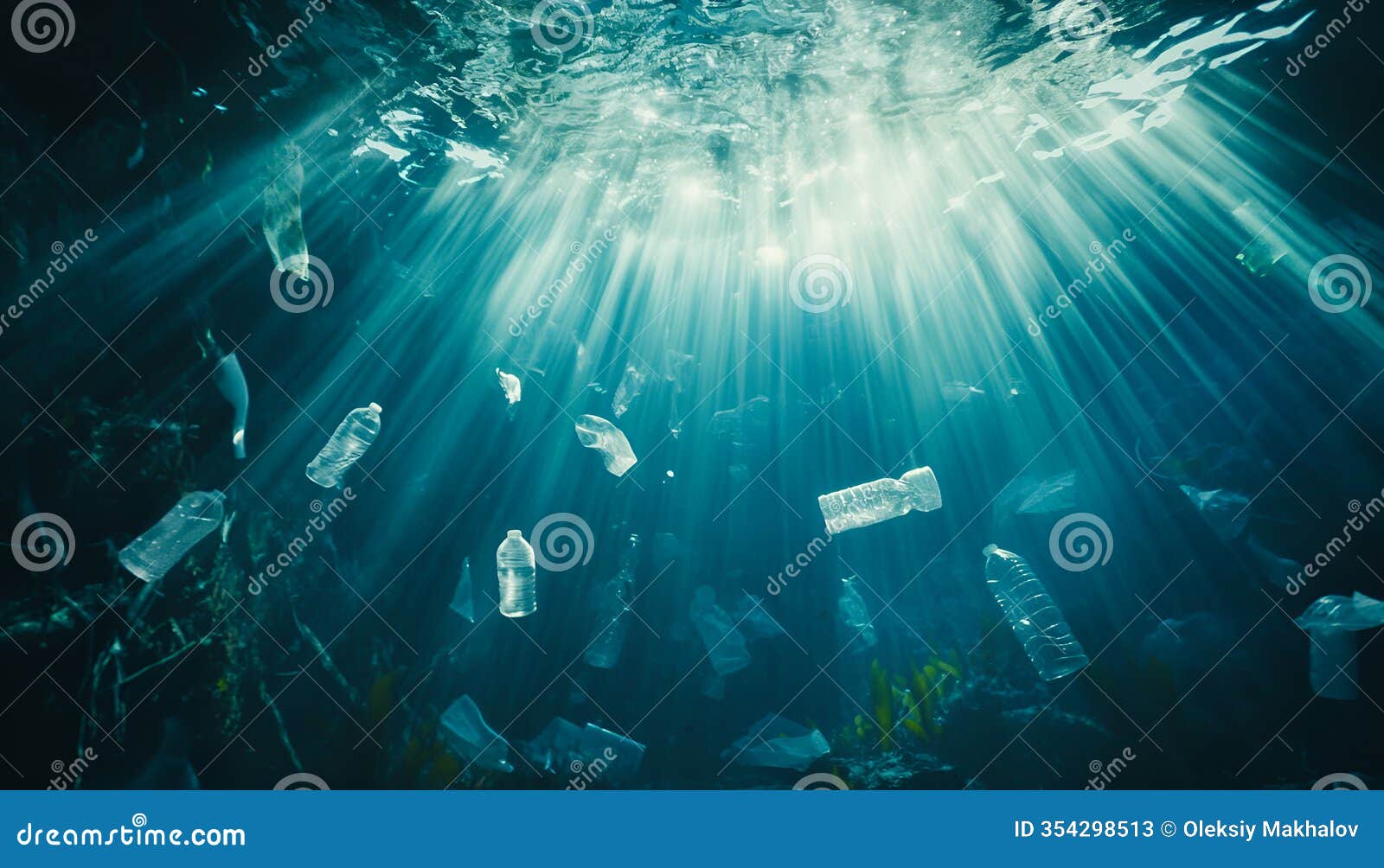 Plastic Pollution in Ocean - Underwater Shine with Garbage Floating on ...