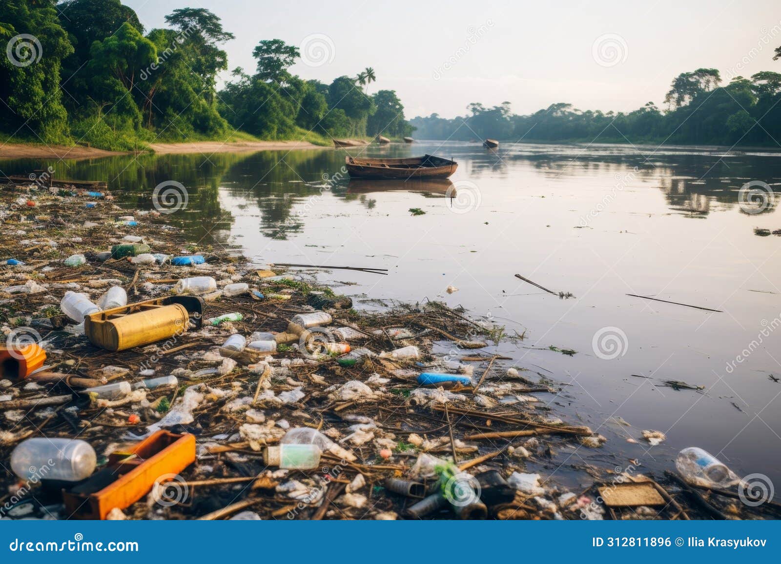 Plastic Pollution on River Bank. Devastating Impact on Natural Habitat ...