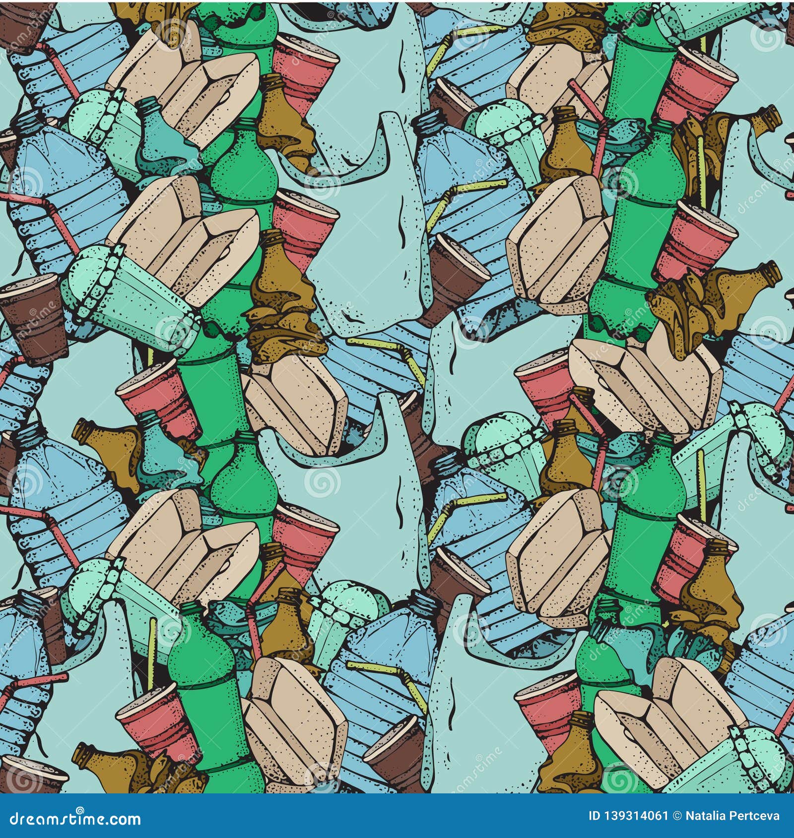 Plastic Pollution Seamless Pattern. Vector Illustration Hand Drawn ...