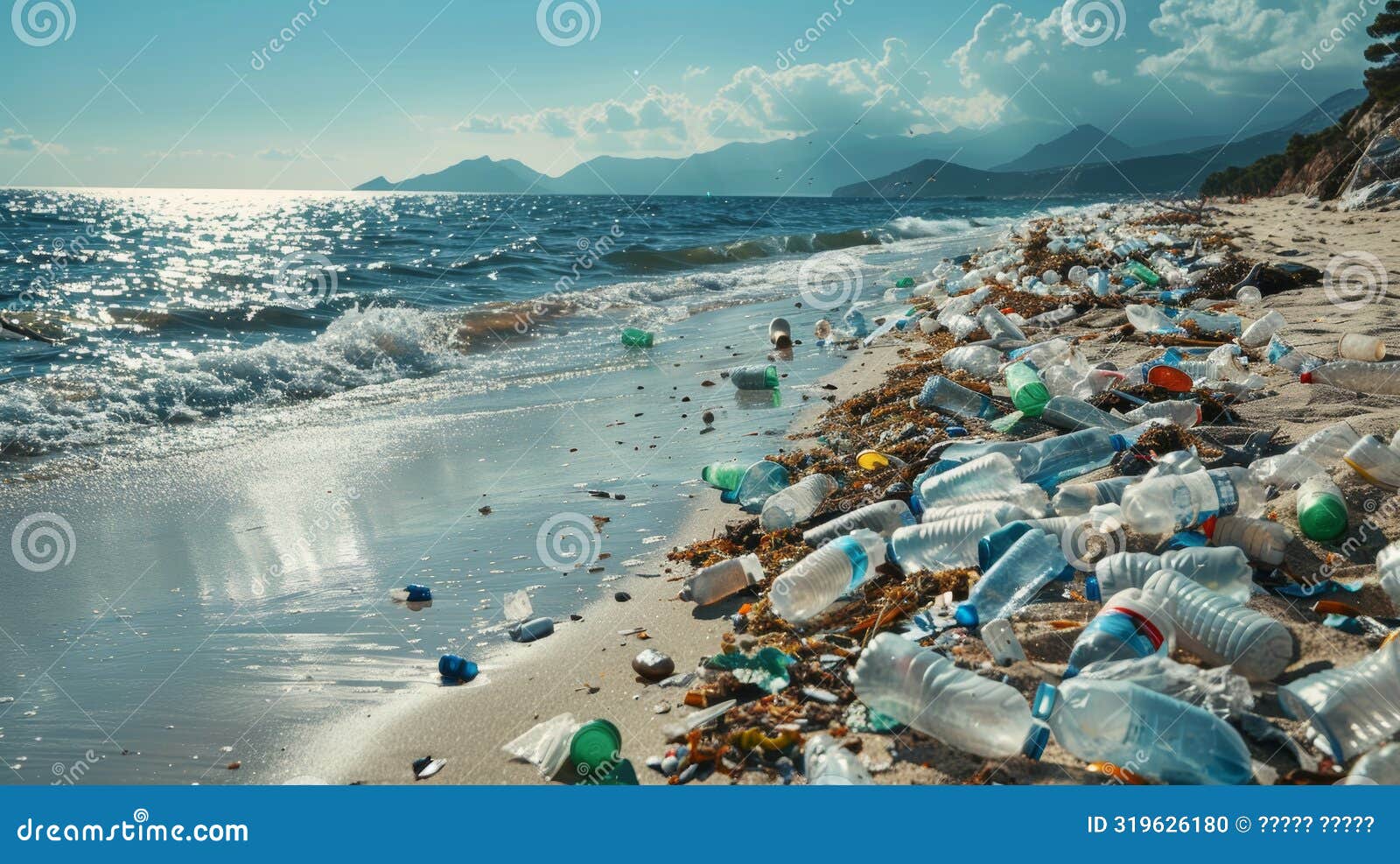Plastic Pollution on Sunny Beach, Bright Day - Environmental Impact of ...