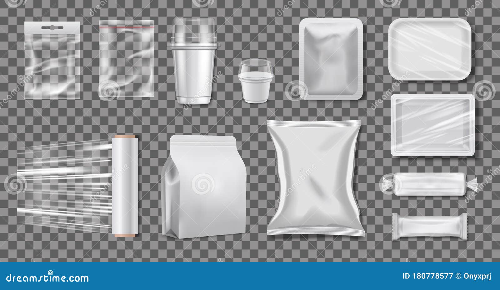 Plastic Polyethylene Packaging. Realistic Cellophane Boxes and Cups ...