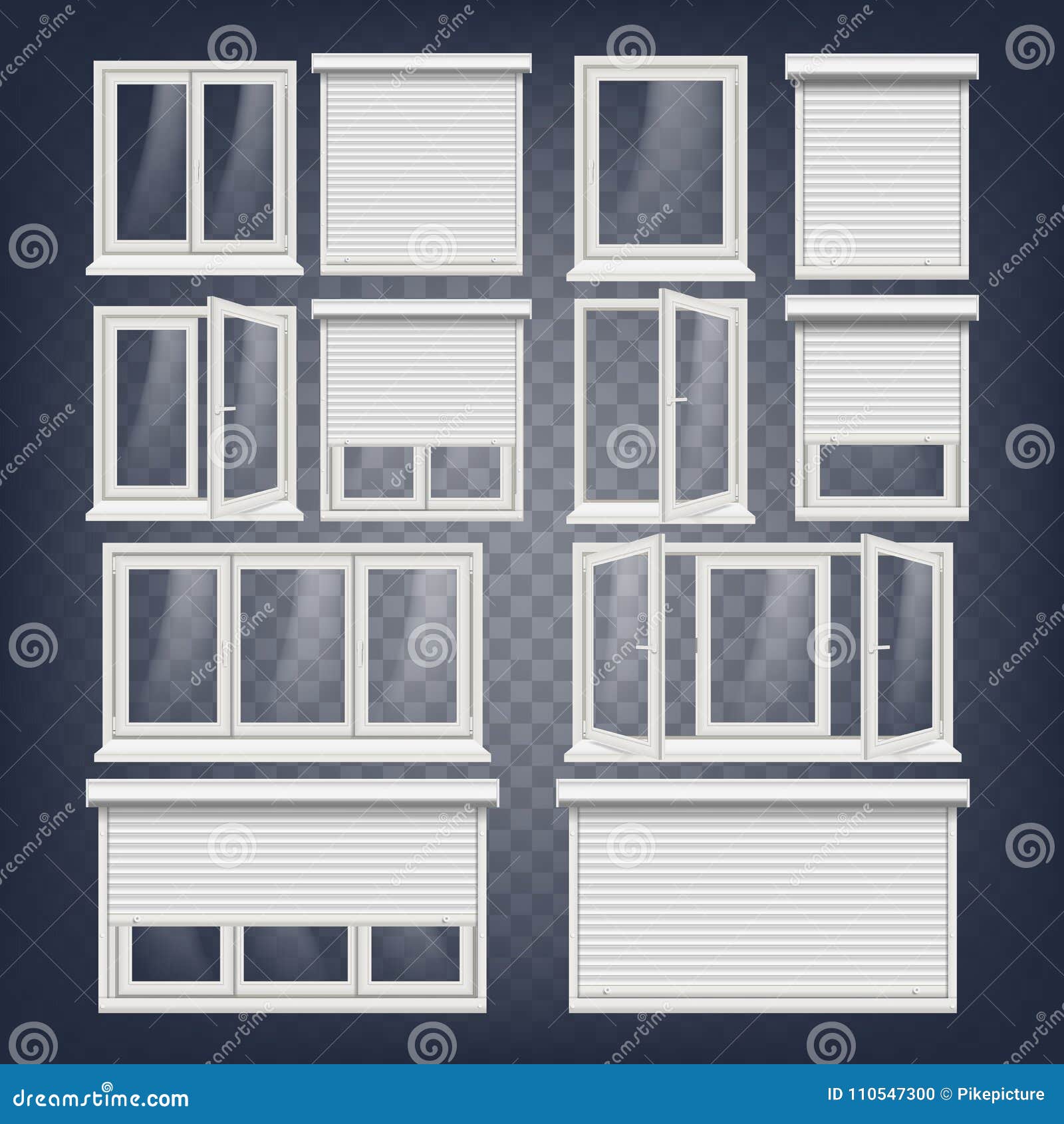 Plastic PVC Windows Set Vector. Different Types. Roller Blind. Opened ...