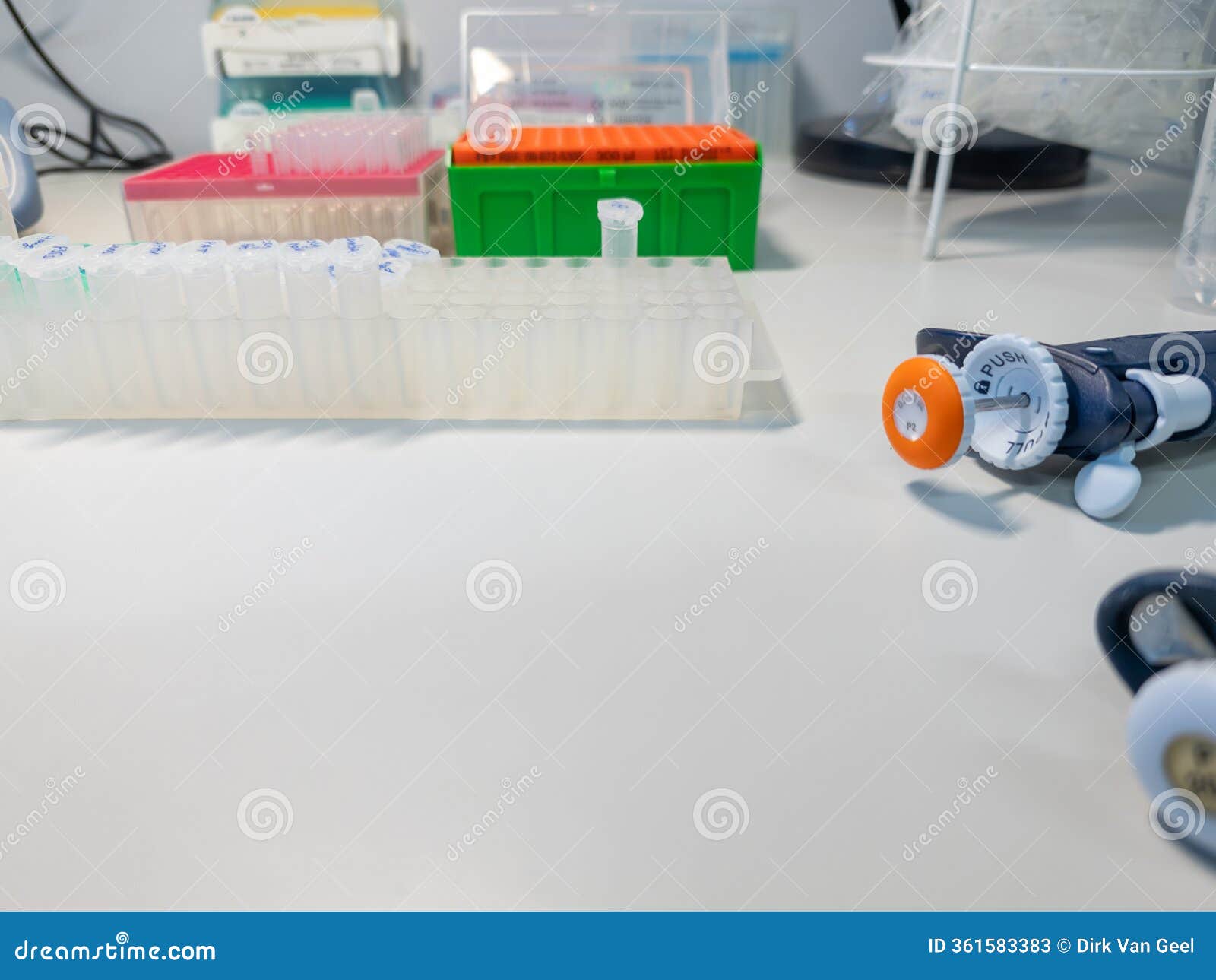 Plastic Rack with Eppendorf Tubes in a Laboratory on a Working Bench ...
