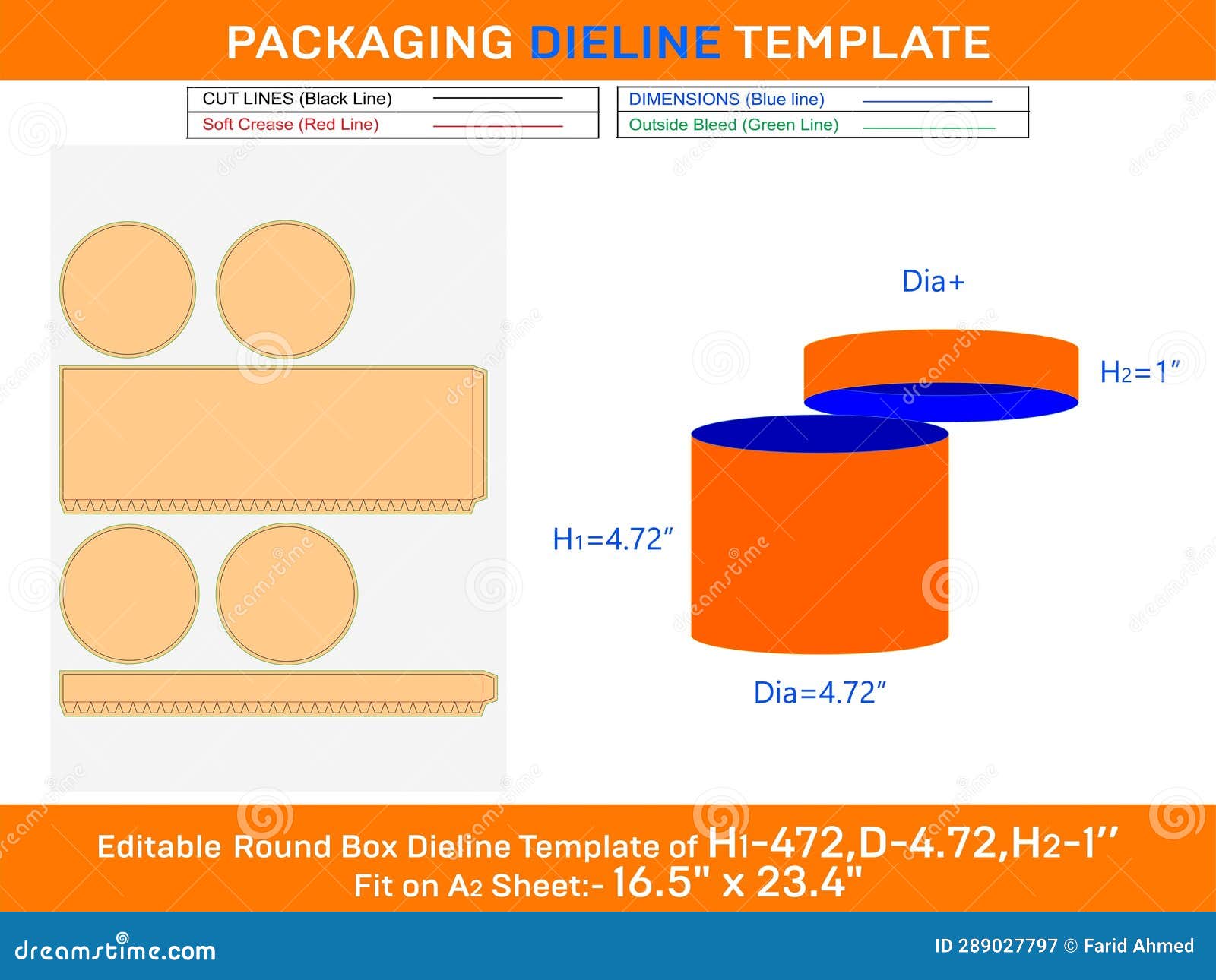 Plastic Round Pot, Round Lid Box Dieline Template With The Dimension H1 ...