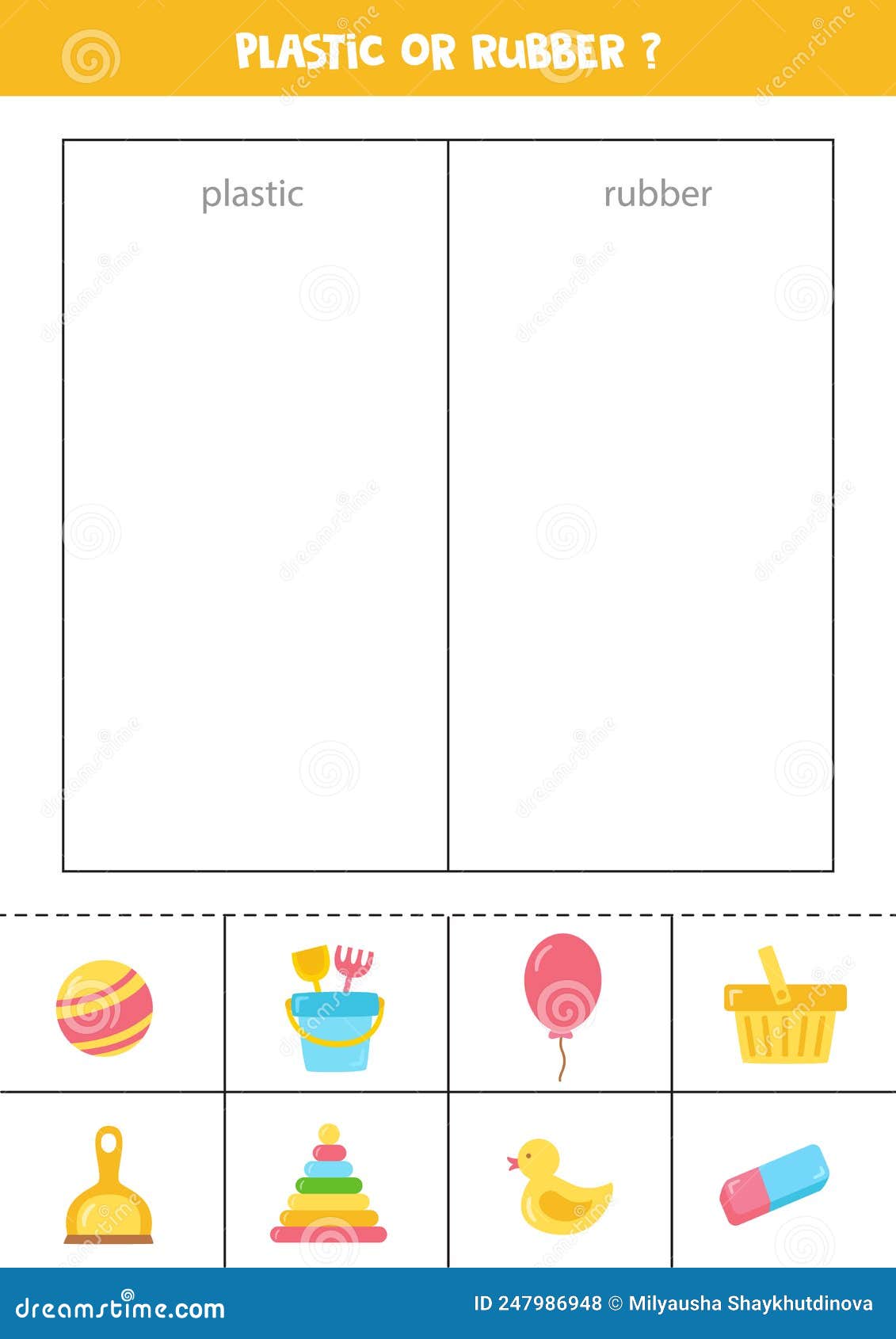 Sort Objects into Plastic or Rubber. Worksheet for Kids. Stock Vector ...