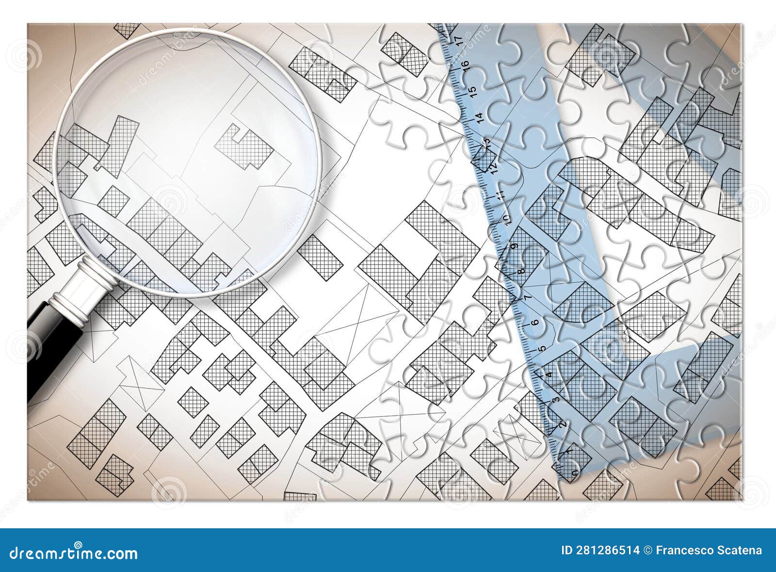 Plastic Set Square and Magnifying Glass Over an Imaginary Cadastral Map ...