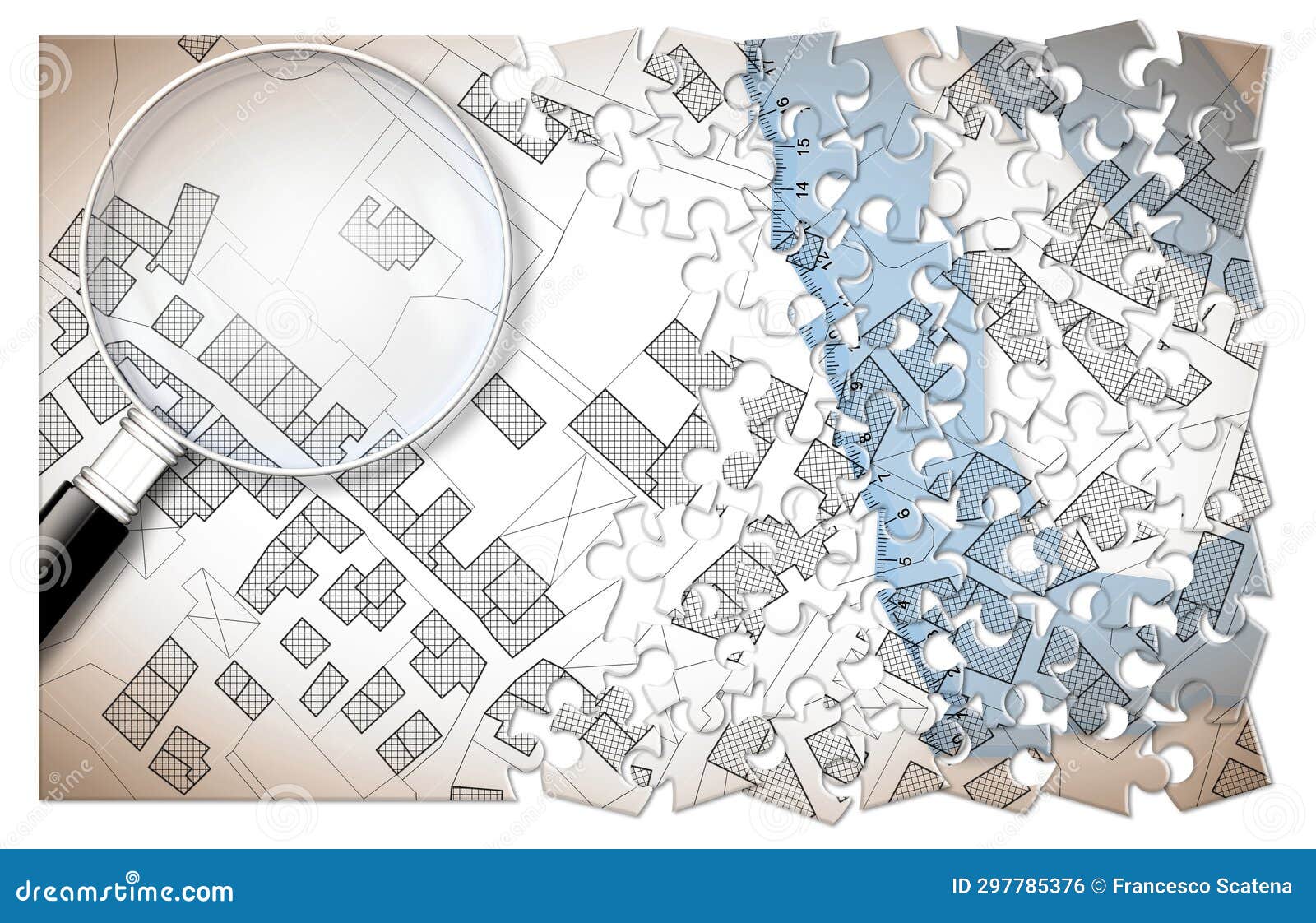 Plastic Set Square and Magnifying Glass Over an Imaginary Cadastral Map ...