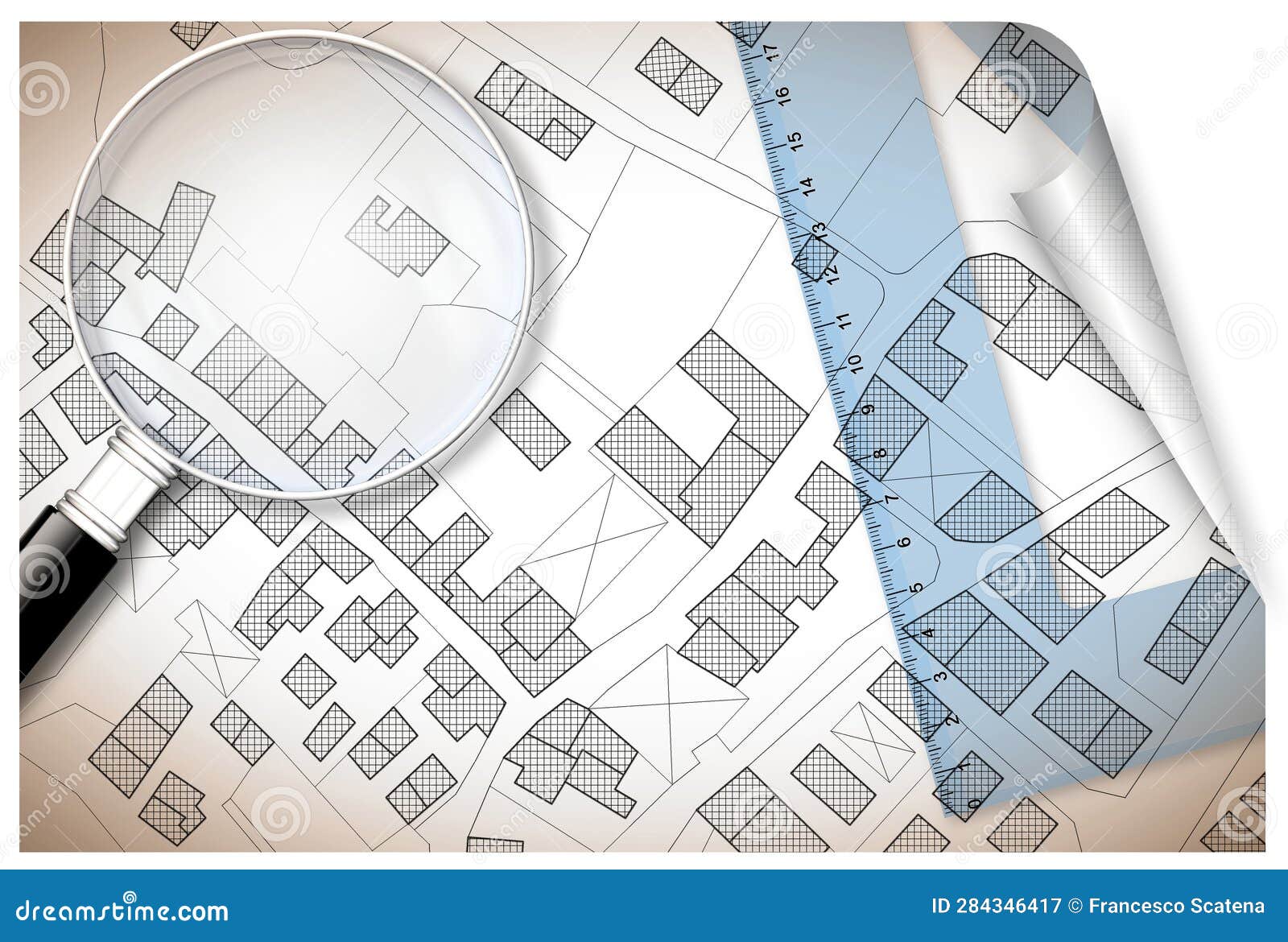 Plastic Set Square And Magnifying Glass Over An Imaginary Cadastral Map ...