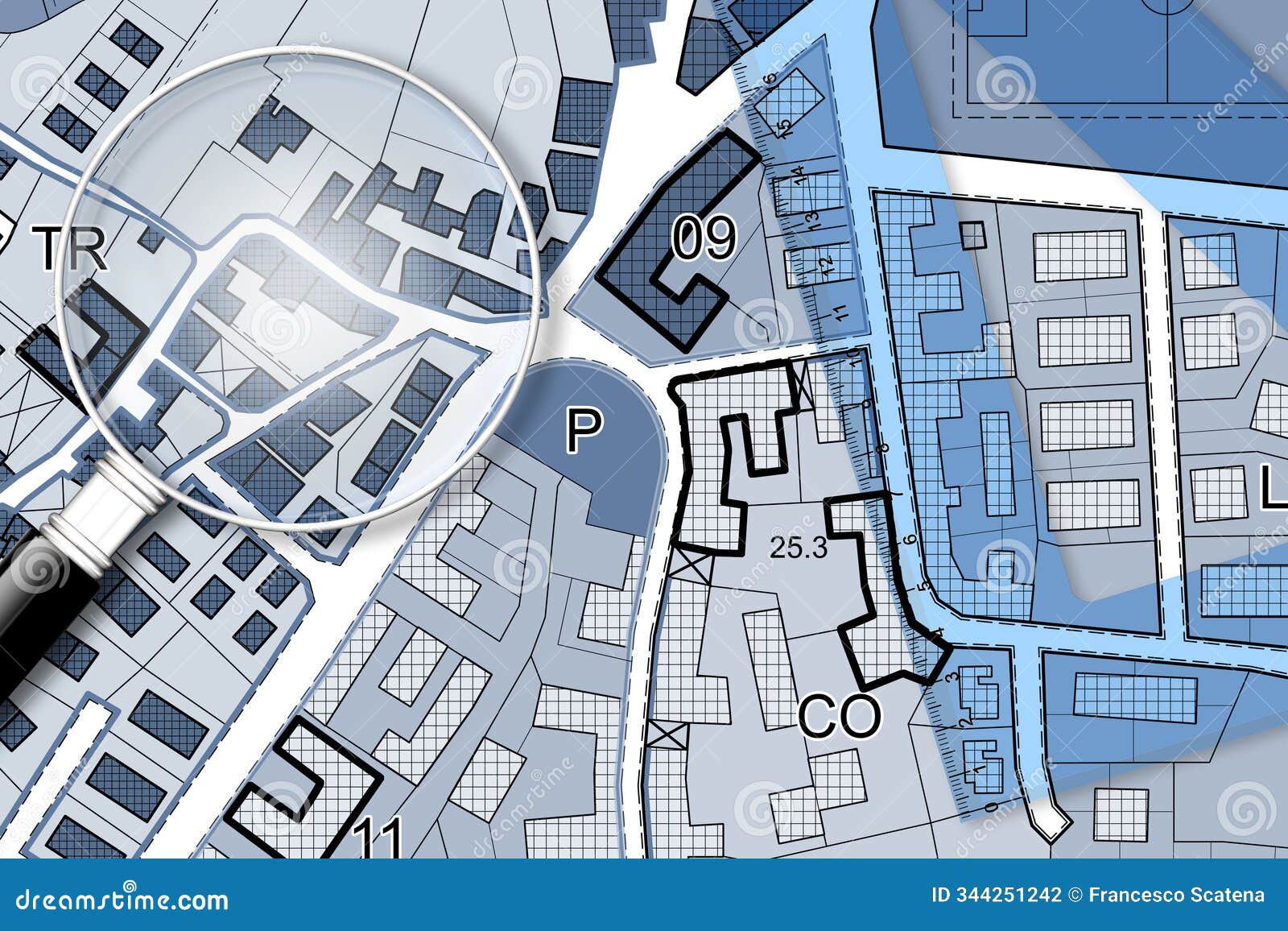 Plastic Set Square and Magnifying Glass Over an Imaginary General Urban ...