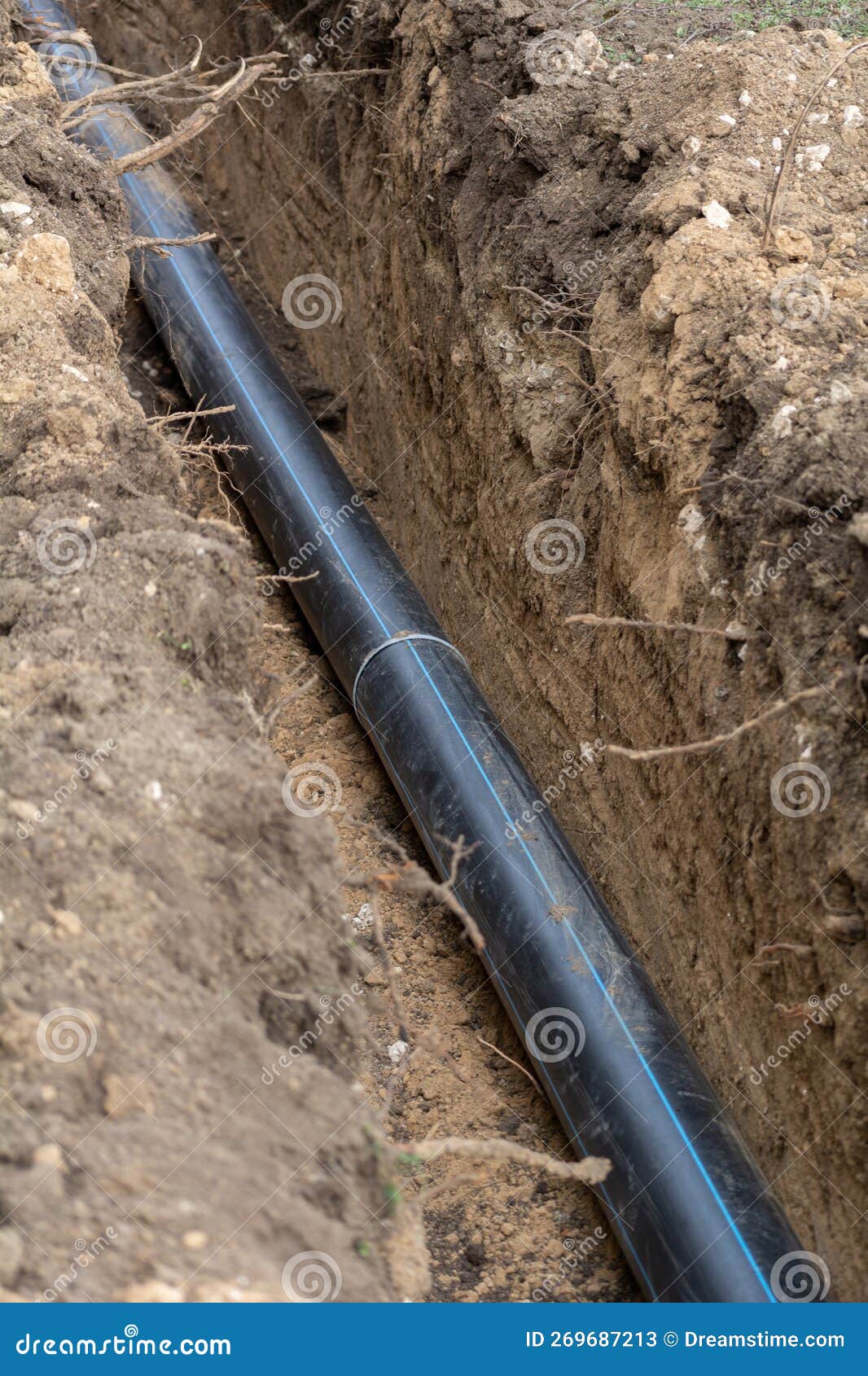 Plastic Sewer Pipe in Trench for Laying an External Sewage System at a ...