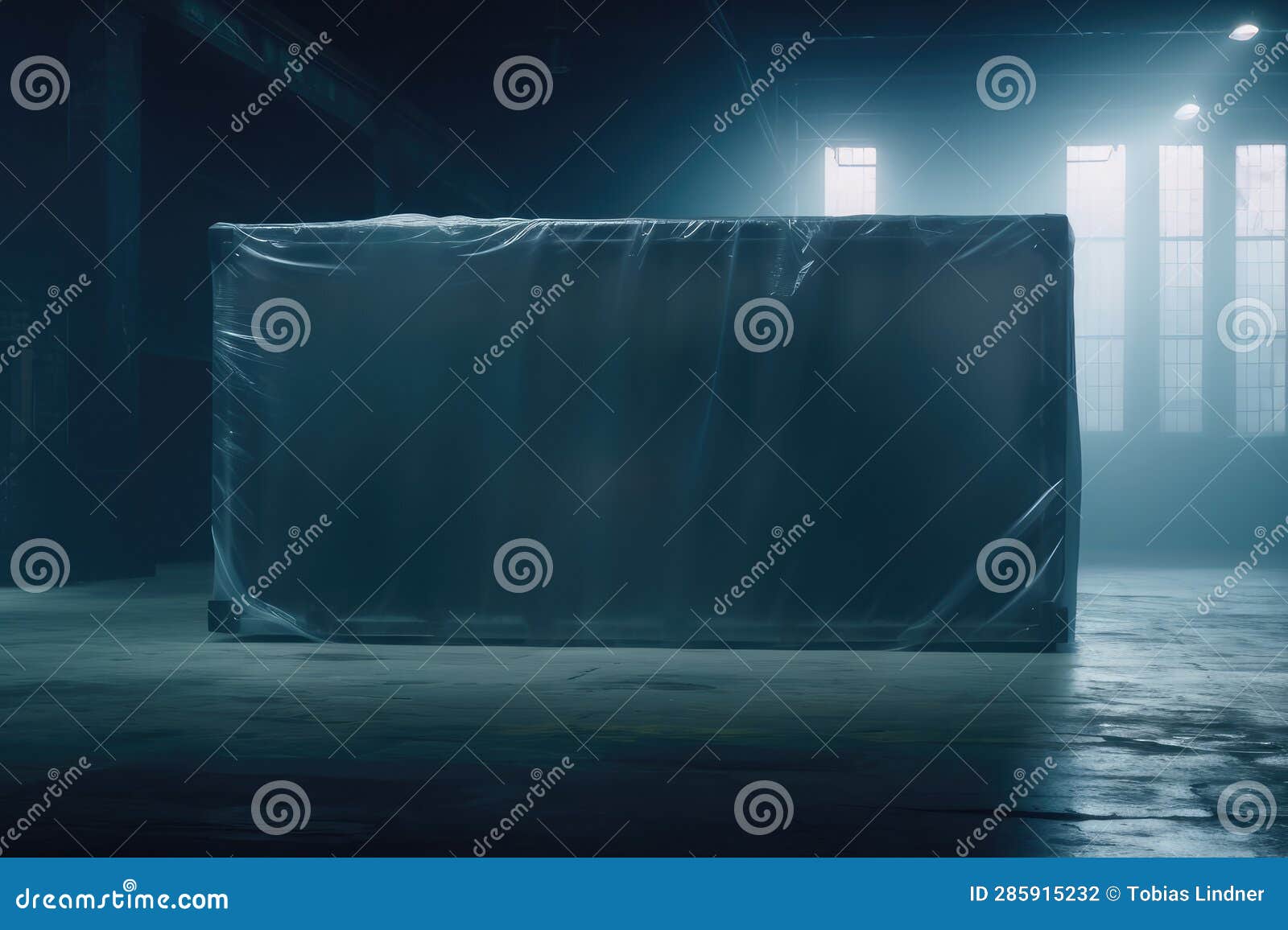 Plastic Sheet Packaged Box in a Dark Room of a Warehouse with Backlight ...
