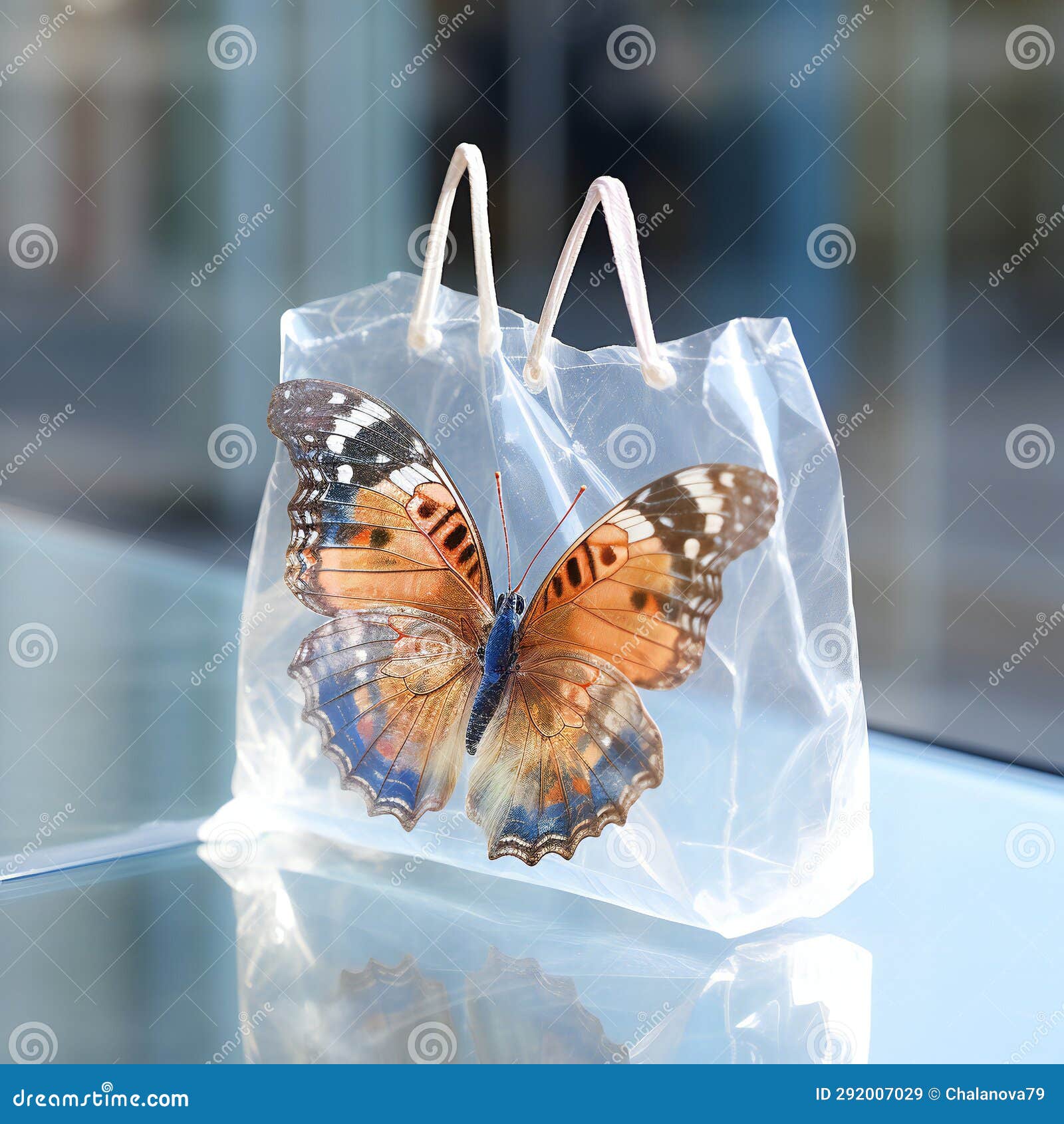 Plastic Shopping Bag with Butterfly Inside on Table Stock Image - Image ...