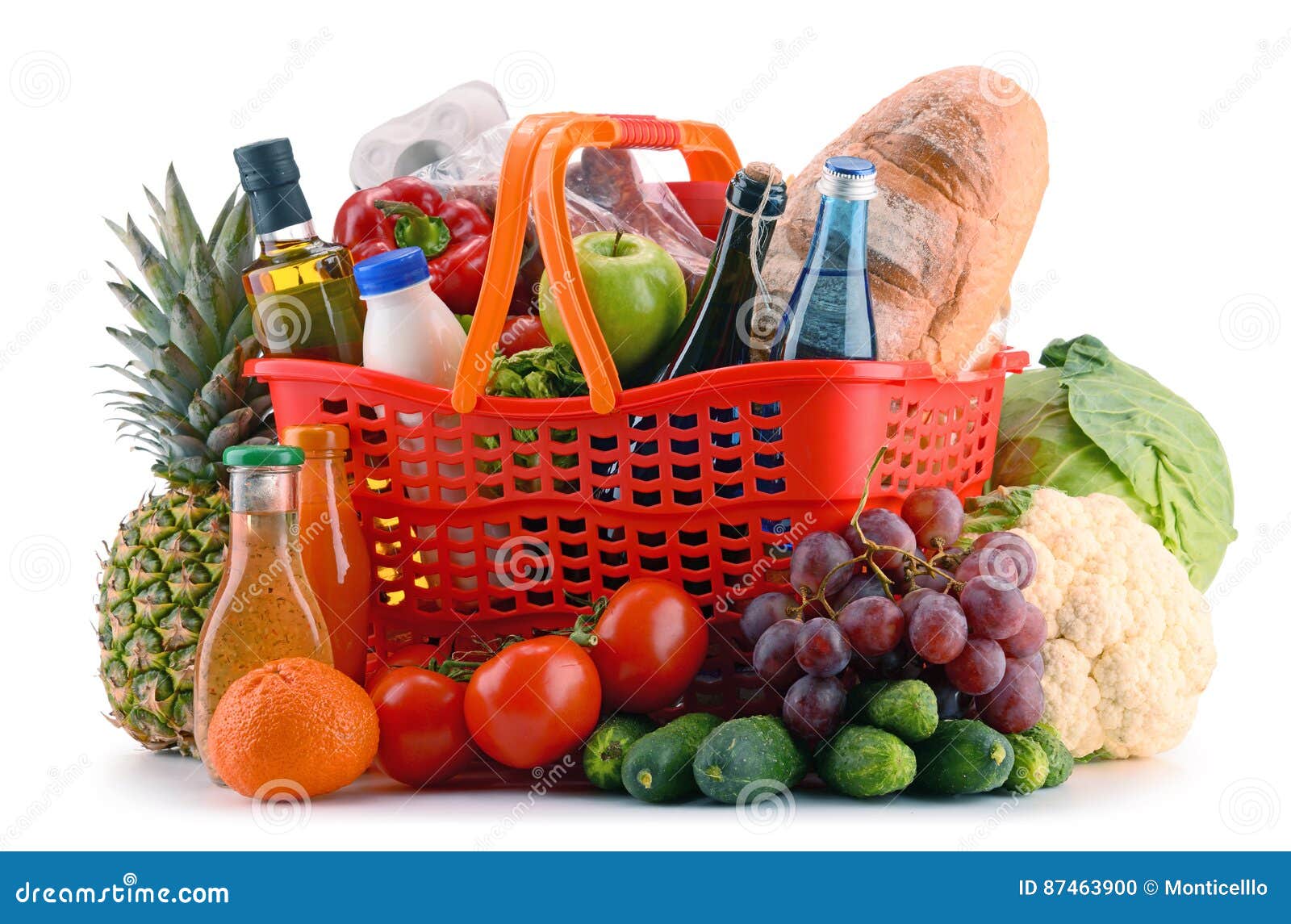 Plastic Shopping Basket with Assorted Grocery Products Stock Photo ...