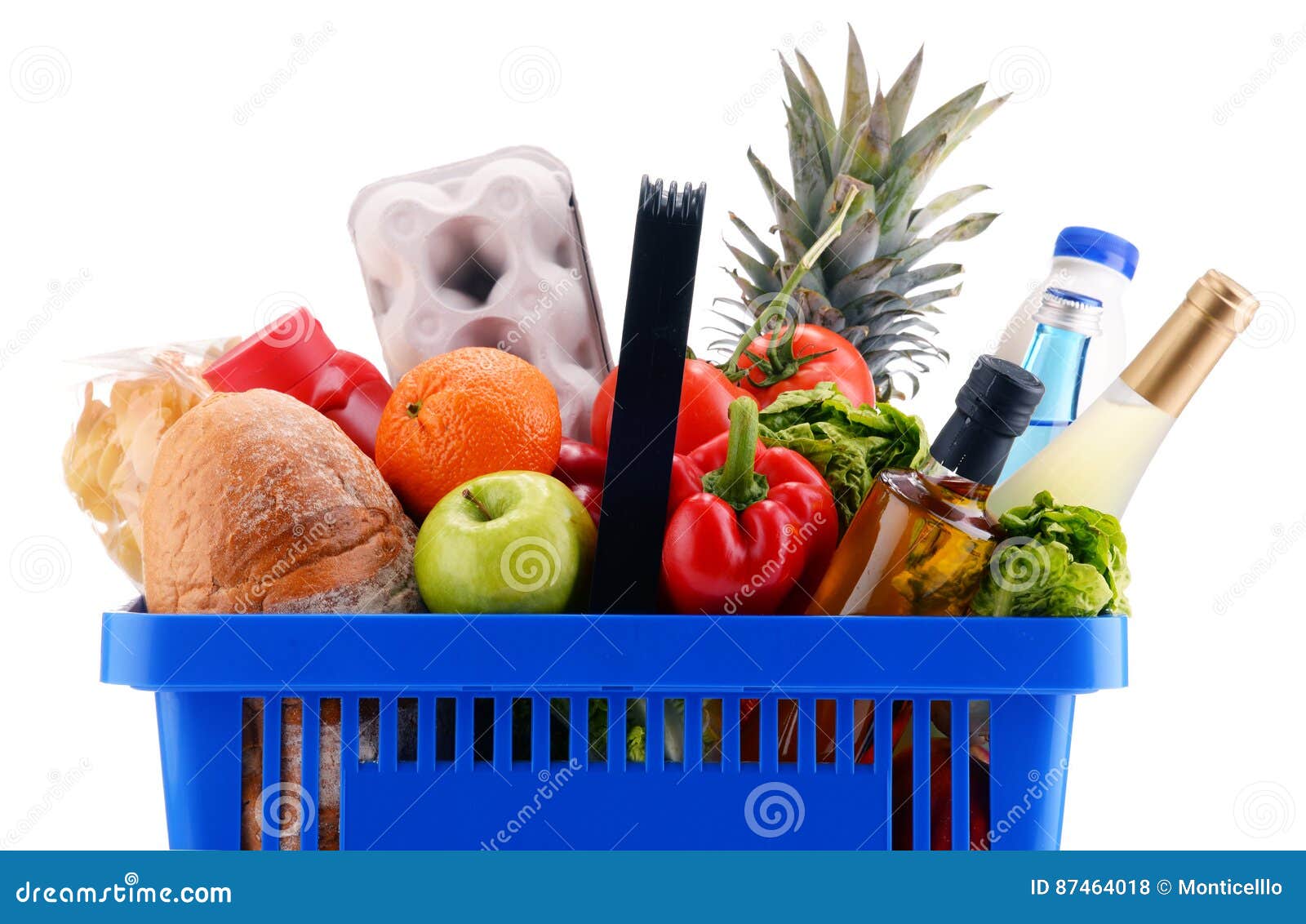 Plastic Shopping Basket with Assorted Grocery Products Stock Photo ...