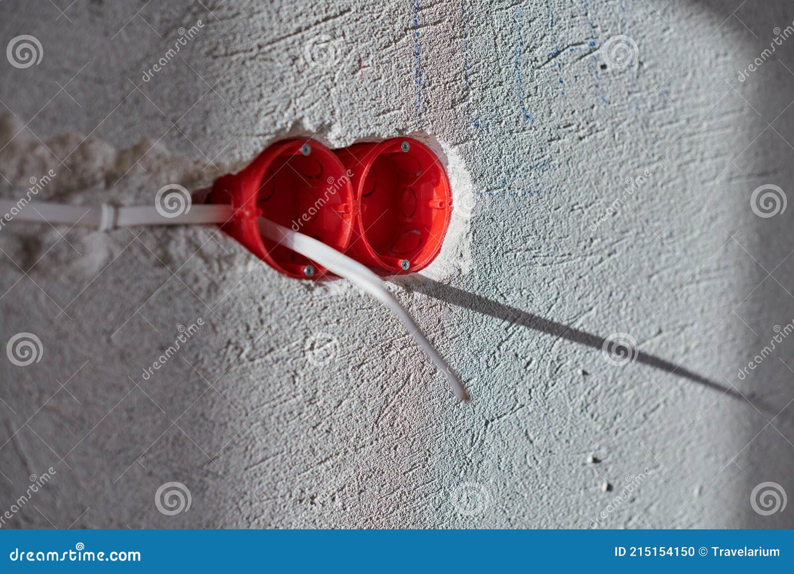 Plastic Socket Box and Electrical Wires on Plastered Wall Stock Photo ...